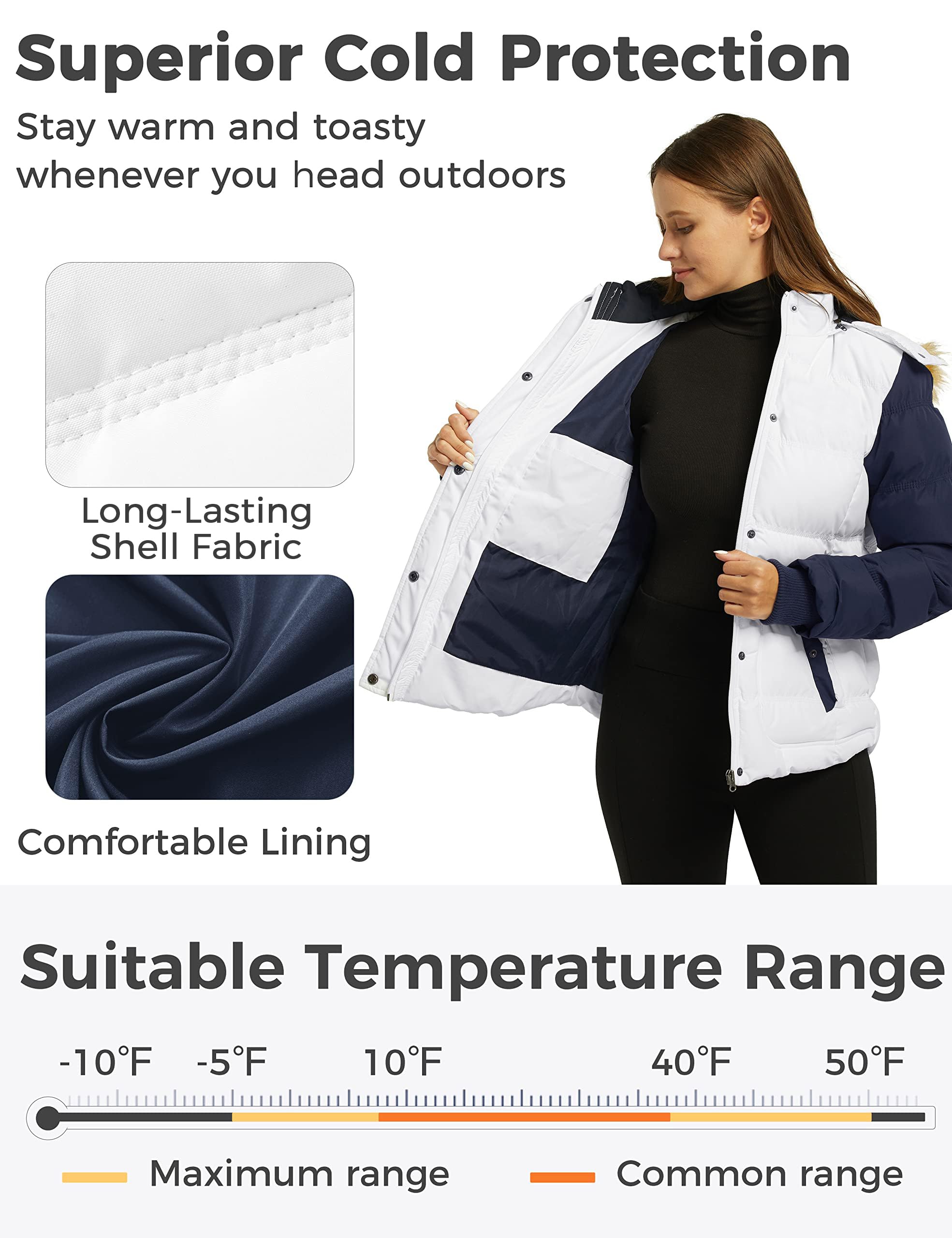 wantdo Women's Insulated Puffer Jacket Warm Heavy Insulated Coat (White & Navy, Medium)