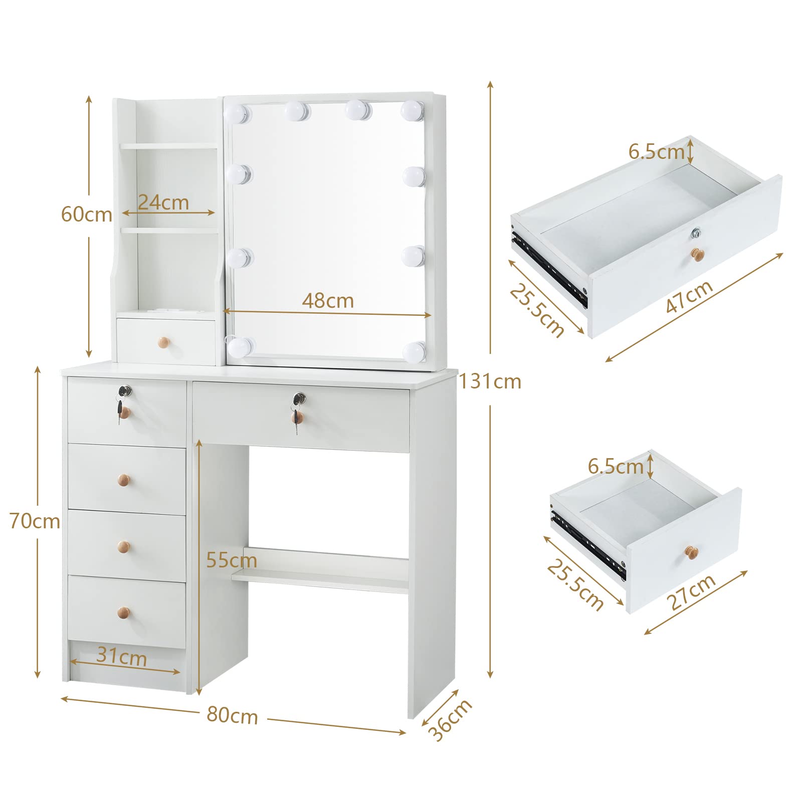 White Makeup Vanity Desk with 10 Light Bulbs, Vanity Desk with Mirror and 3 Lighting Modes, 6 Drawers and Shelves for Bedroom, Dressing Room
