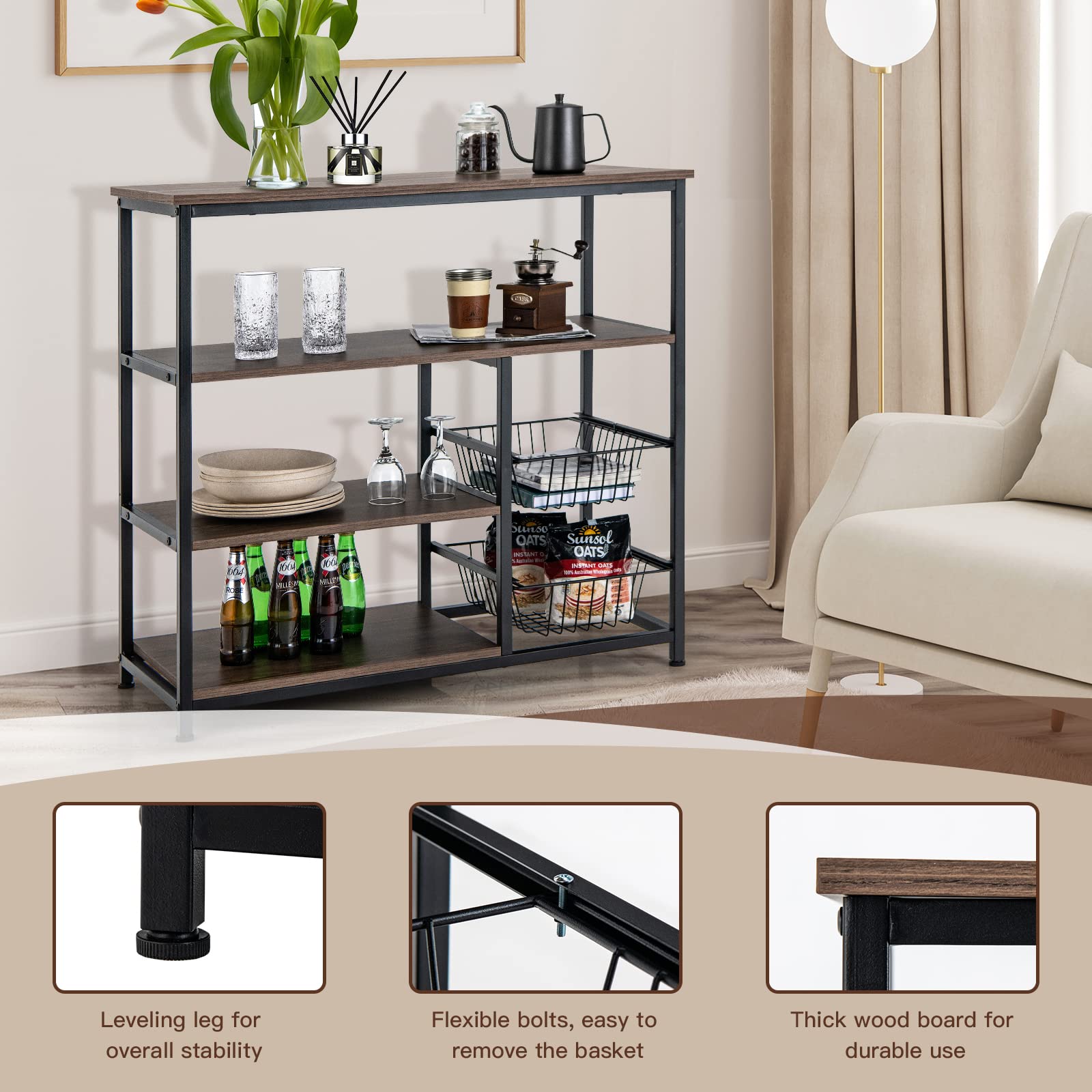 Tangkula 4-Tier Kitchen Baker's Rack, Industrial Microwave Oven Stand with Sliding Wire Basket, Water-Proof Surface, Utility Storage Shelf Organizer, Coffee Bar Cart for Living Room, Pantry