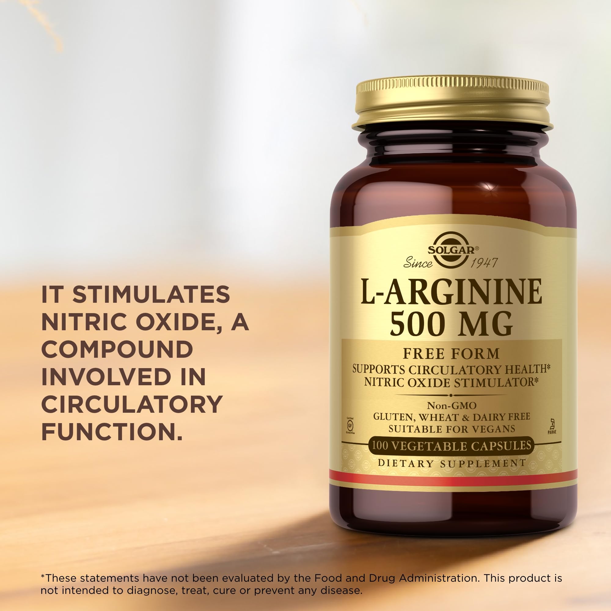 Solgar L-Arginine 500 mg - 100 Vegetable Capsules - Nitric Oxide Stimulator - Non-GMO, Vegan, Gluten Free, Dairy Free, Kosher - 100 Servings