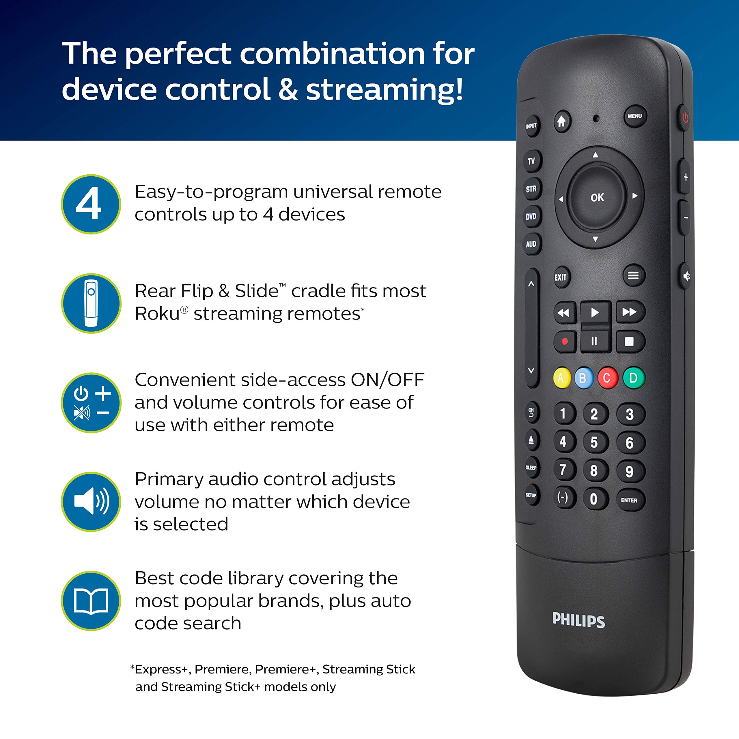 Universal Remote Control with Roku Remote Slide-in Cradle for use with Samsung, Vizio, LG, Sony, Sharp, Apple TV, TCL, Smart TVs, Streaming Players, Blu-ray, 4-device, SRP2024R/27 by Philips