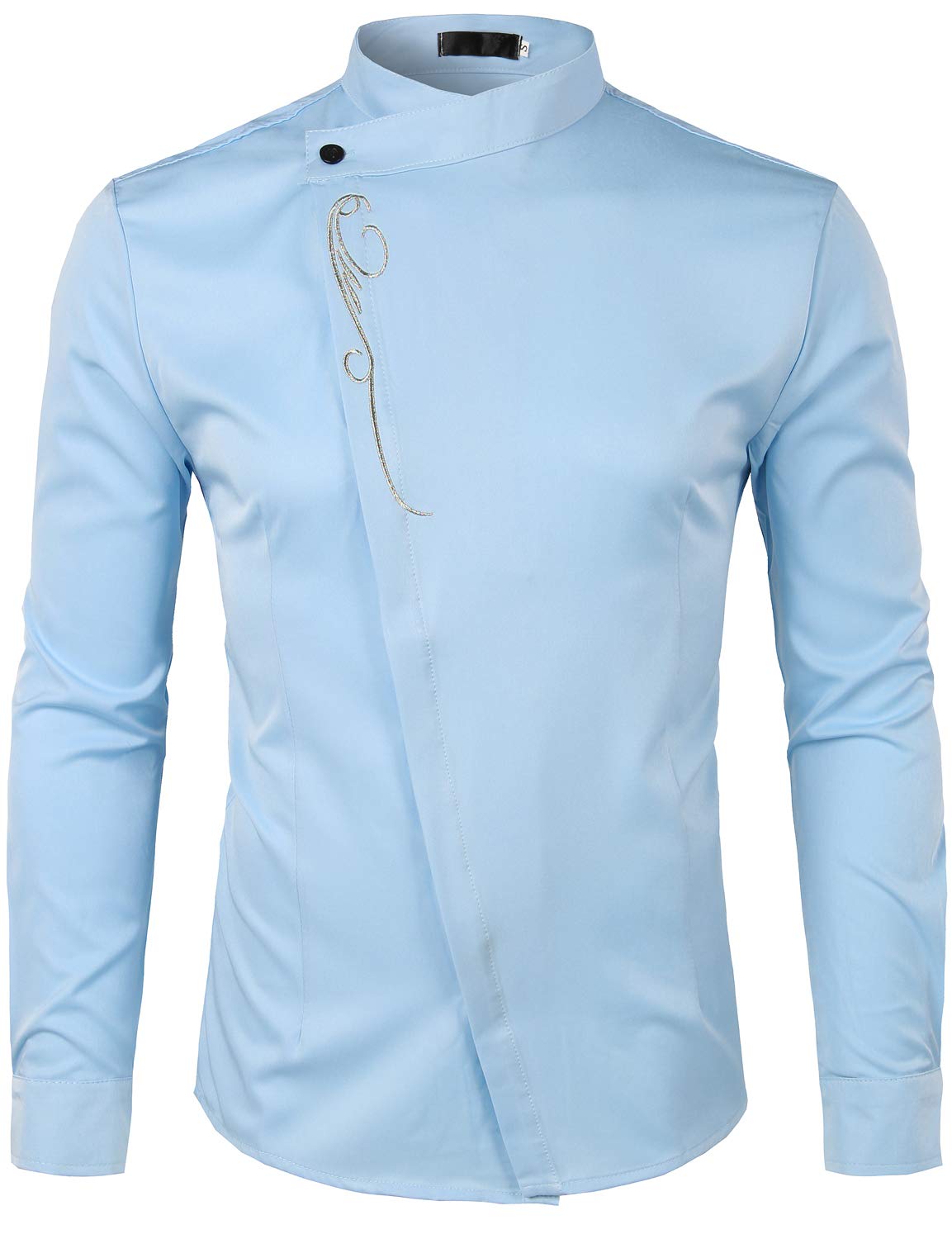 ZEROYAA Mens Hipster Embroidery Slim Fit Long Sleeve Casual Mandarin Collar Dress Shirts Z53 Light Blue Large