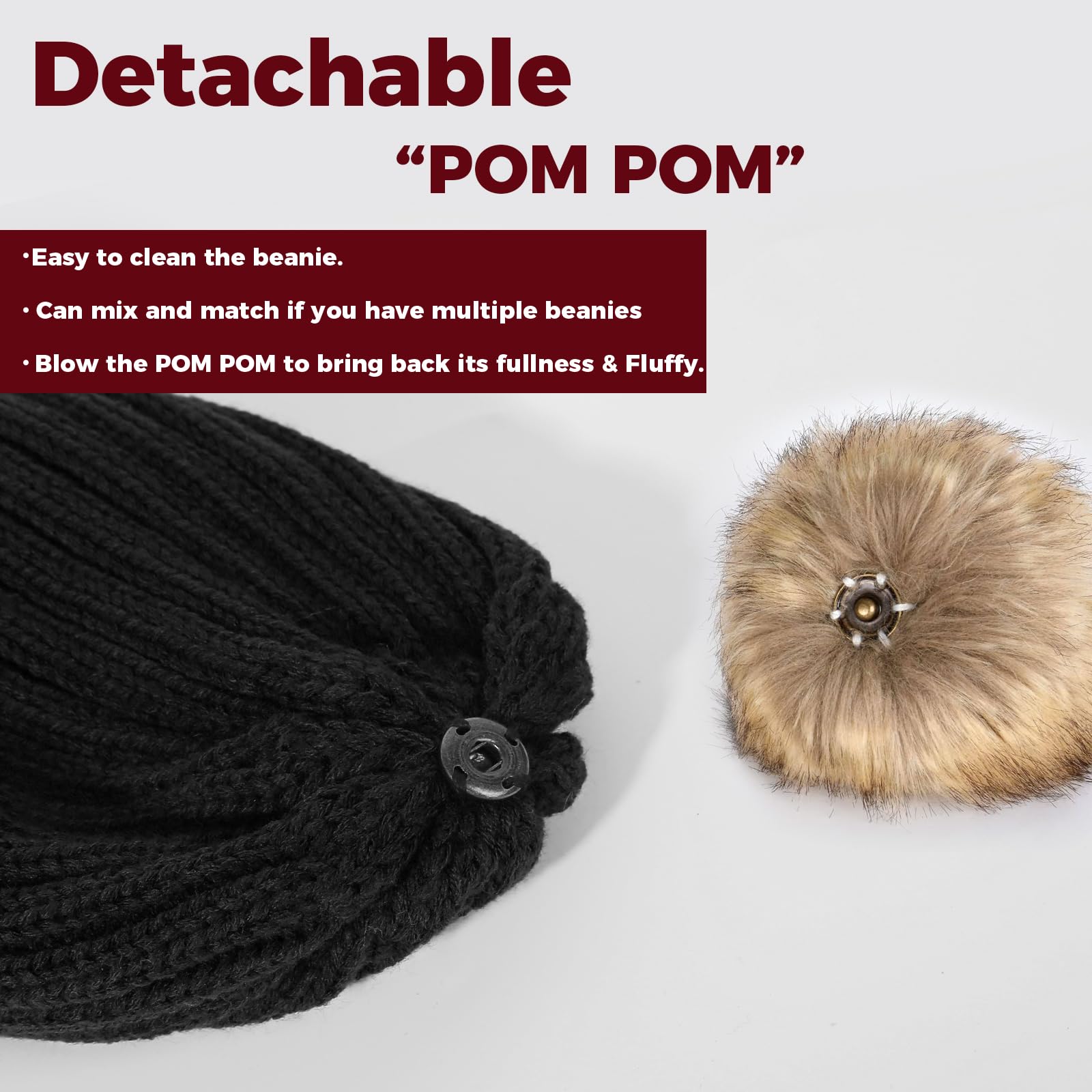 Winter Beanie Hat Scarf Gloves Set for Women, Womens Beanie Hat with Detachable Pom Pom Scarf Neck Warmer Touchscreen Gloves 3 in 1 Set（Black）