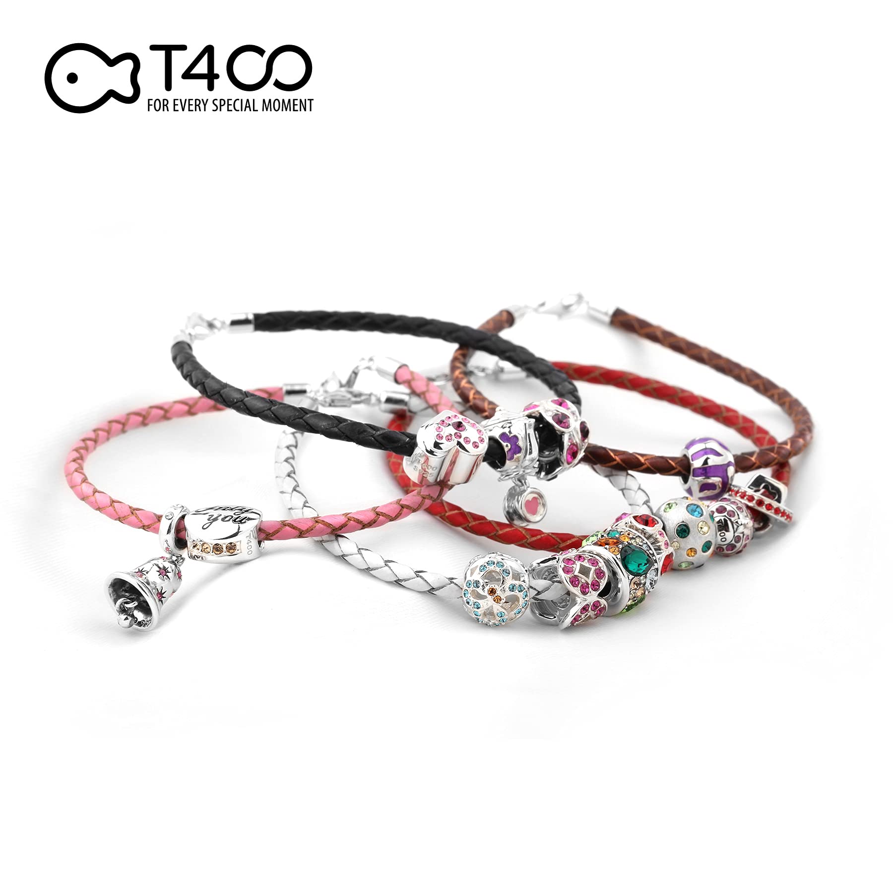 T400 Black Brown Red Pink White Bangle Charm Braided Bracelet Genuine Cowhide Leather Wristband for Unisex Women Men Beads Gift