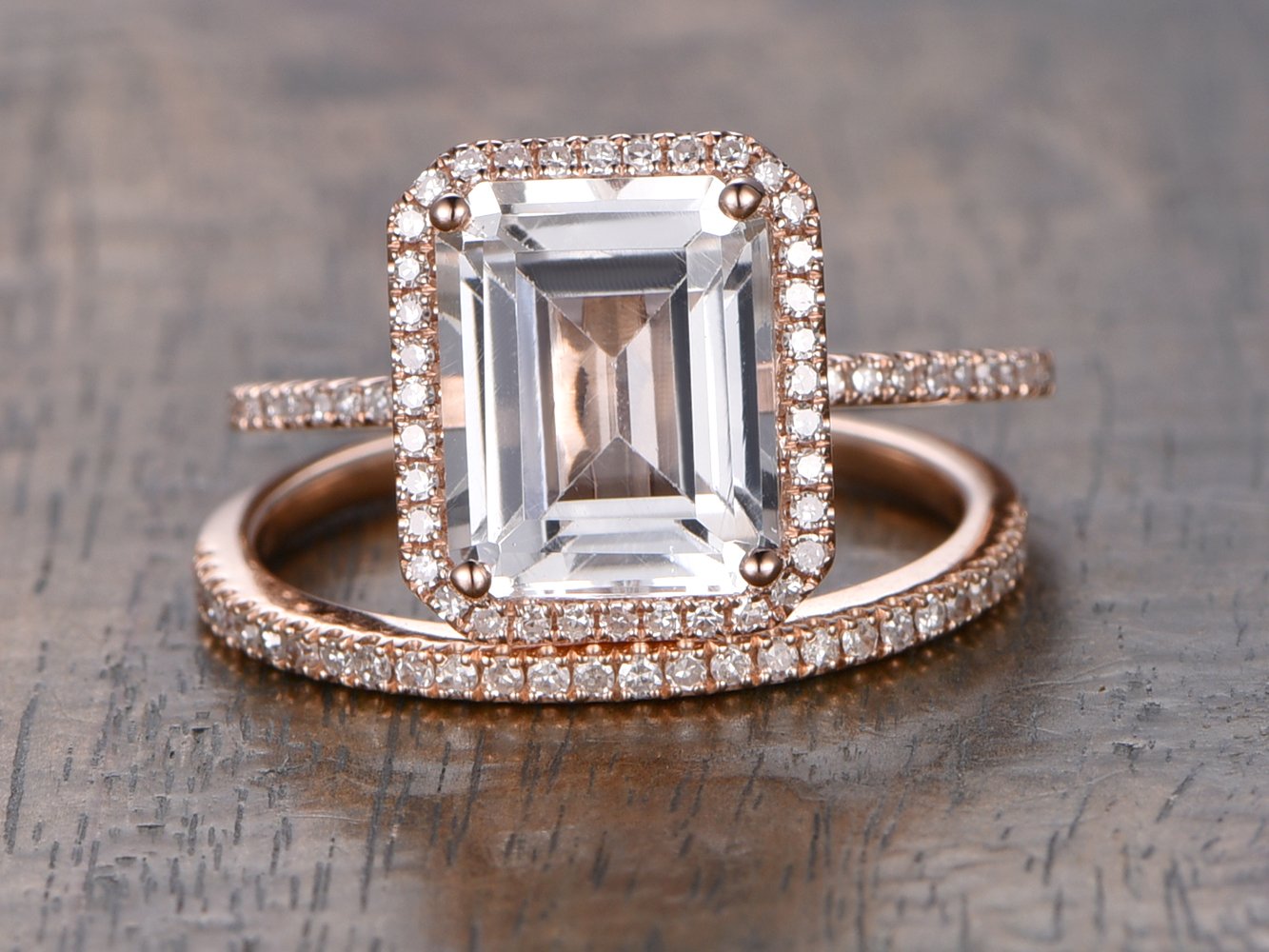 White Topaz Engagement Ring Set Diamond wedding ring 14K Rose Gold 10x8mm Emerald Cut Stone Promise