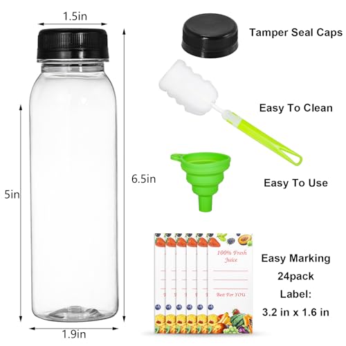 Youeon 24 Pcs 8 Oz Empty Plastic Juice Bottles with Tamper Evident Caps, Reusable Water Bottles, Juice Containers with Labels, Funnel and Brush for Drinks, Juices, Smoothies and Other Beverages