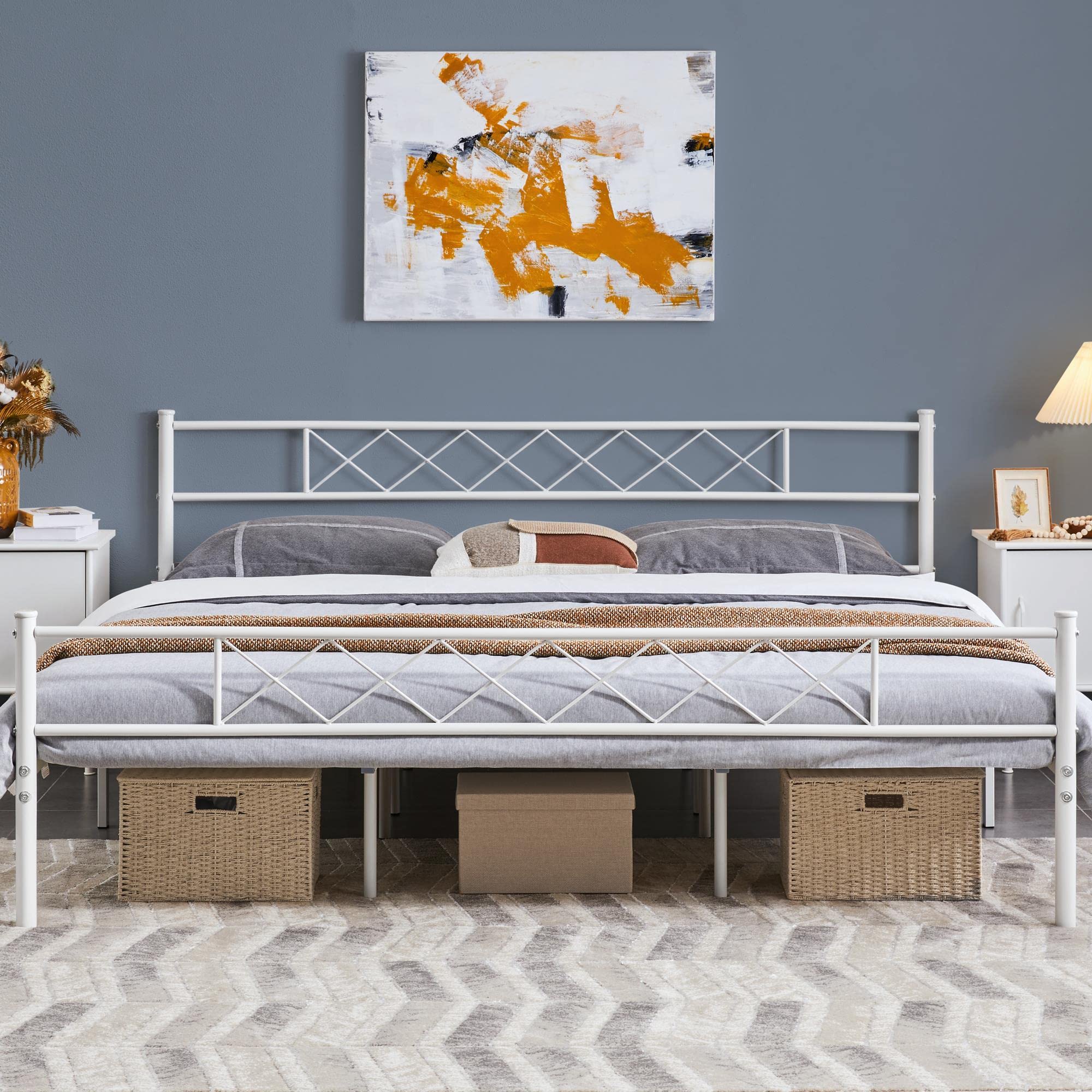 Yaheetech Metal Platform King Bed Frame Mattress Foundation with Headboard and Footboard No Box Spring Needed Under Bed Storage Steel Slats White