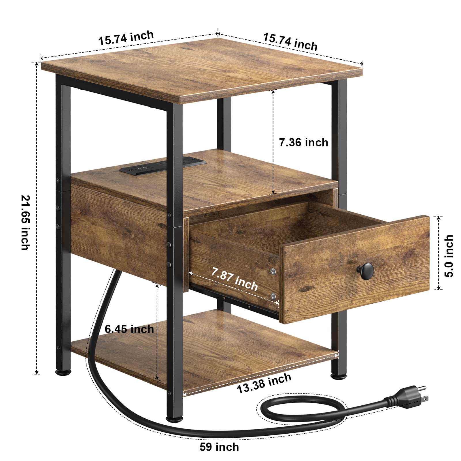 Yaabii Side Tables,End Table with USB Ports and Outlets,Nightstands with Charging Station,Bedside Tables with Storage Shelves for Living Room,Bedroom