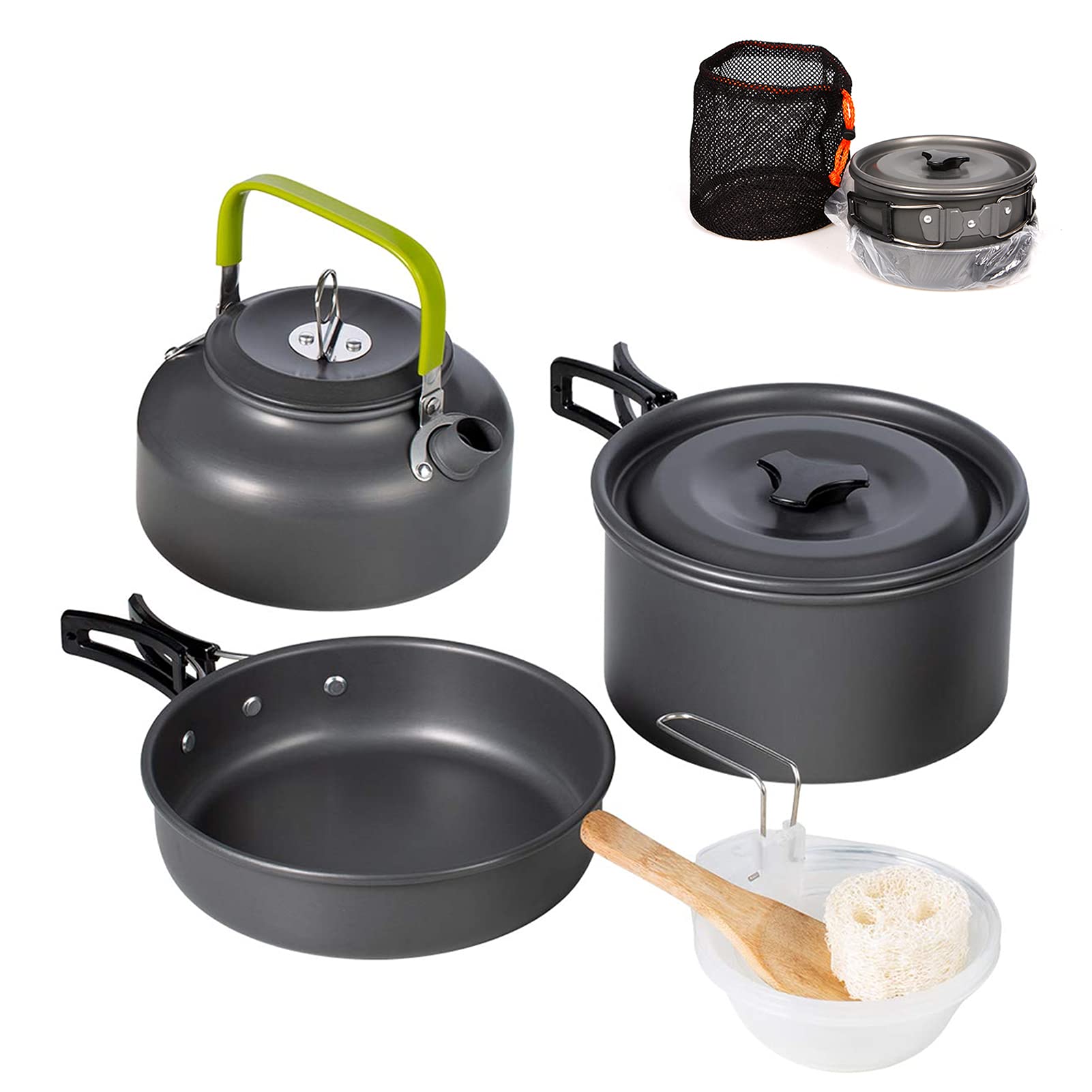 Swiftrans Aluminum Outdoor Camping Cookware Set, Folding Cookset Camping Teapot and Pans Set Equipment,Lightweight Pots, Pans with Mesh Set Bag for Backpacking, Hiking, Picnic