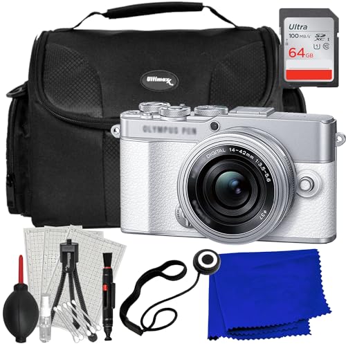 Ultimaxx Essential Olympus Pen E-P7 Camera with 14-42mm Lens Bundle (White) - includes: 64GB Ultra Memory Card, Universal Cap Keeper, Water-Resistant Gadget Bag & More (16pc Bundle)