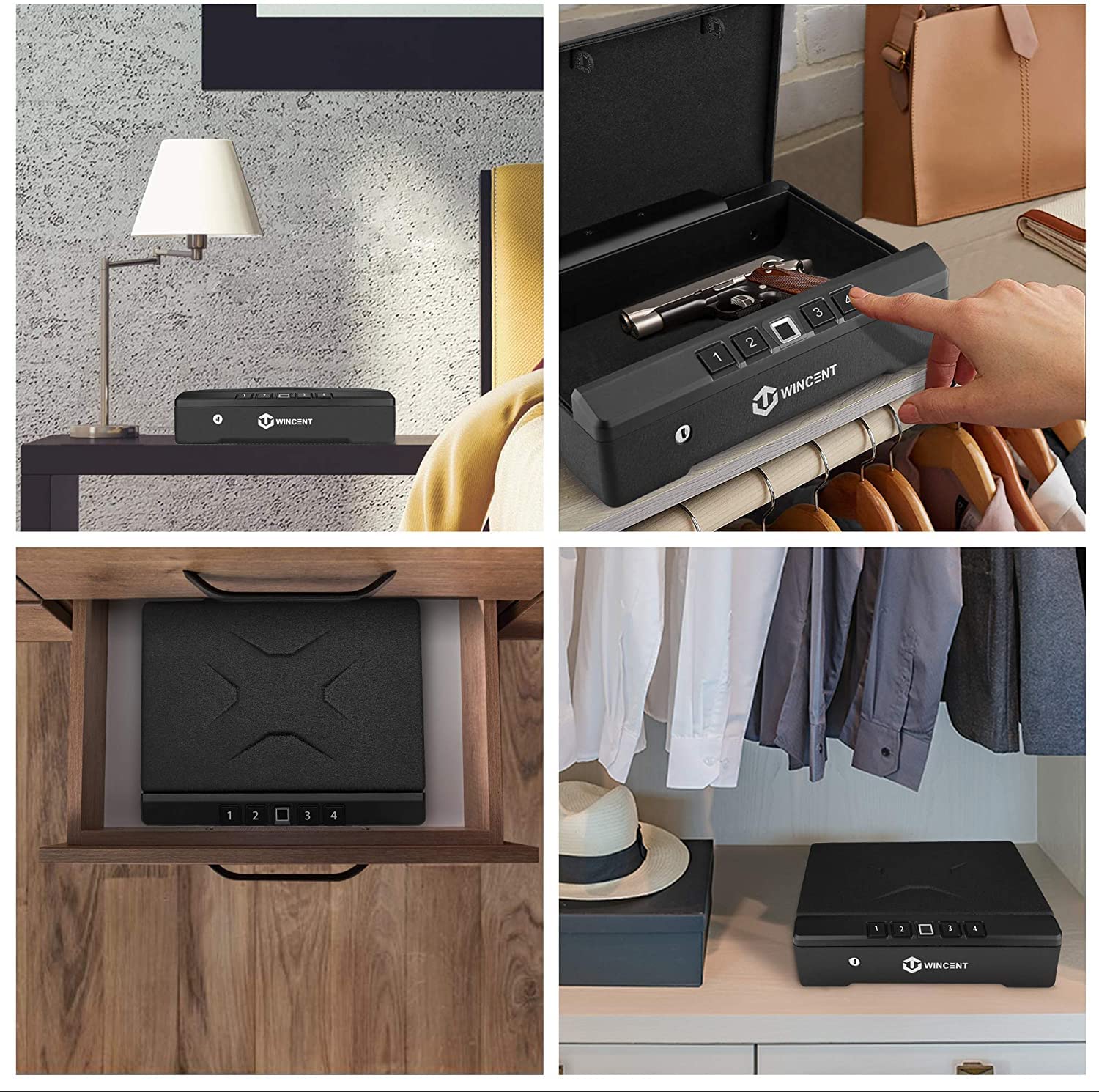 WINCENT Biometric Gun Safe, Quick Access Gun Safes for Pistols -Two Guns Capacity Pistol Safe | Fingerprint & Keypad Firearm Gun Safe Lock Box with Auto Open Lid & LED Light