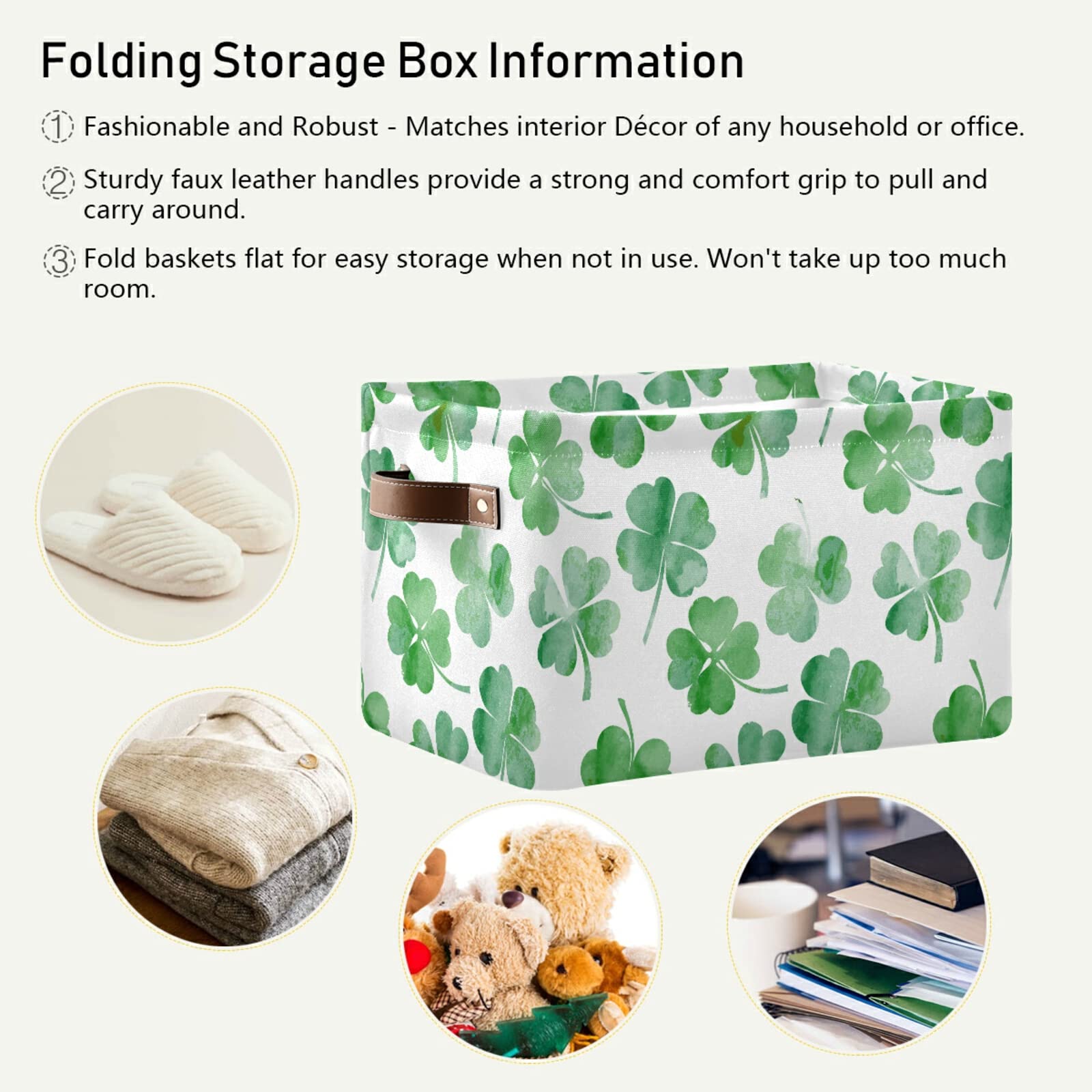 xigua Four Leaf Clover Foldable Canvas Storage Bin, Sturdy Fabric Storage Basket with Handles, Storage Cube Box for Organizing Shelf Nursery Toy Closet 1PCS