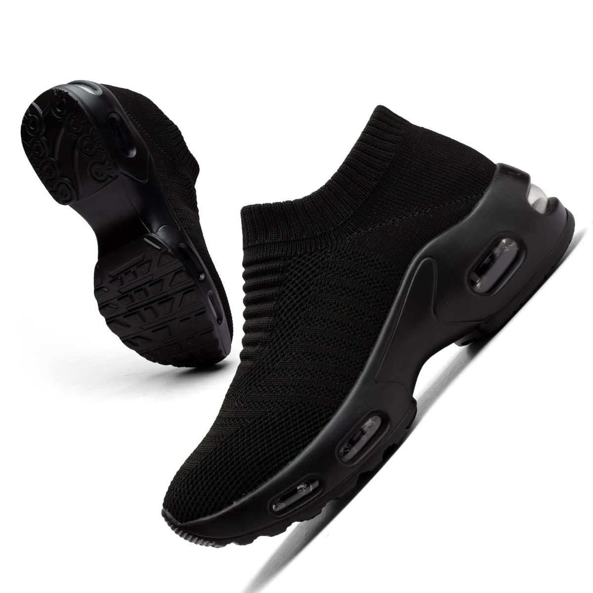 Women's Walking Shoes Sock Sneakers Light Weight Air Cushion Slip On Breathe Mesh Working Shoes Platform Loafers Allblack