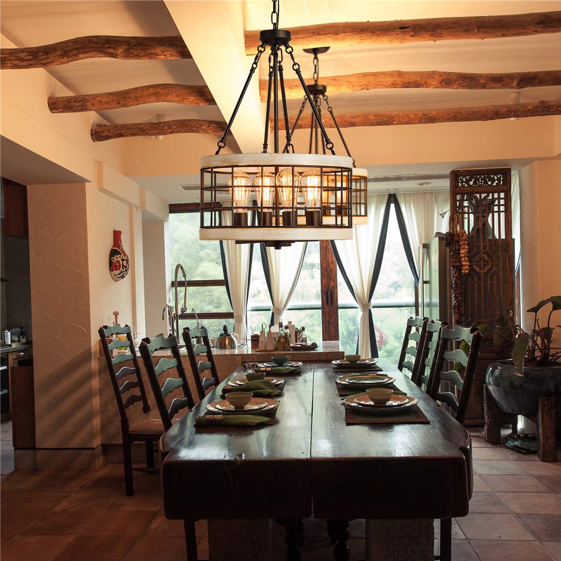 TZOE White Oak Wood Color&Black Metal Finish 4-Light Chandeliers for Dining Rooms,Farmhouse Drum Chandelier,Rustic Small Pendant Light