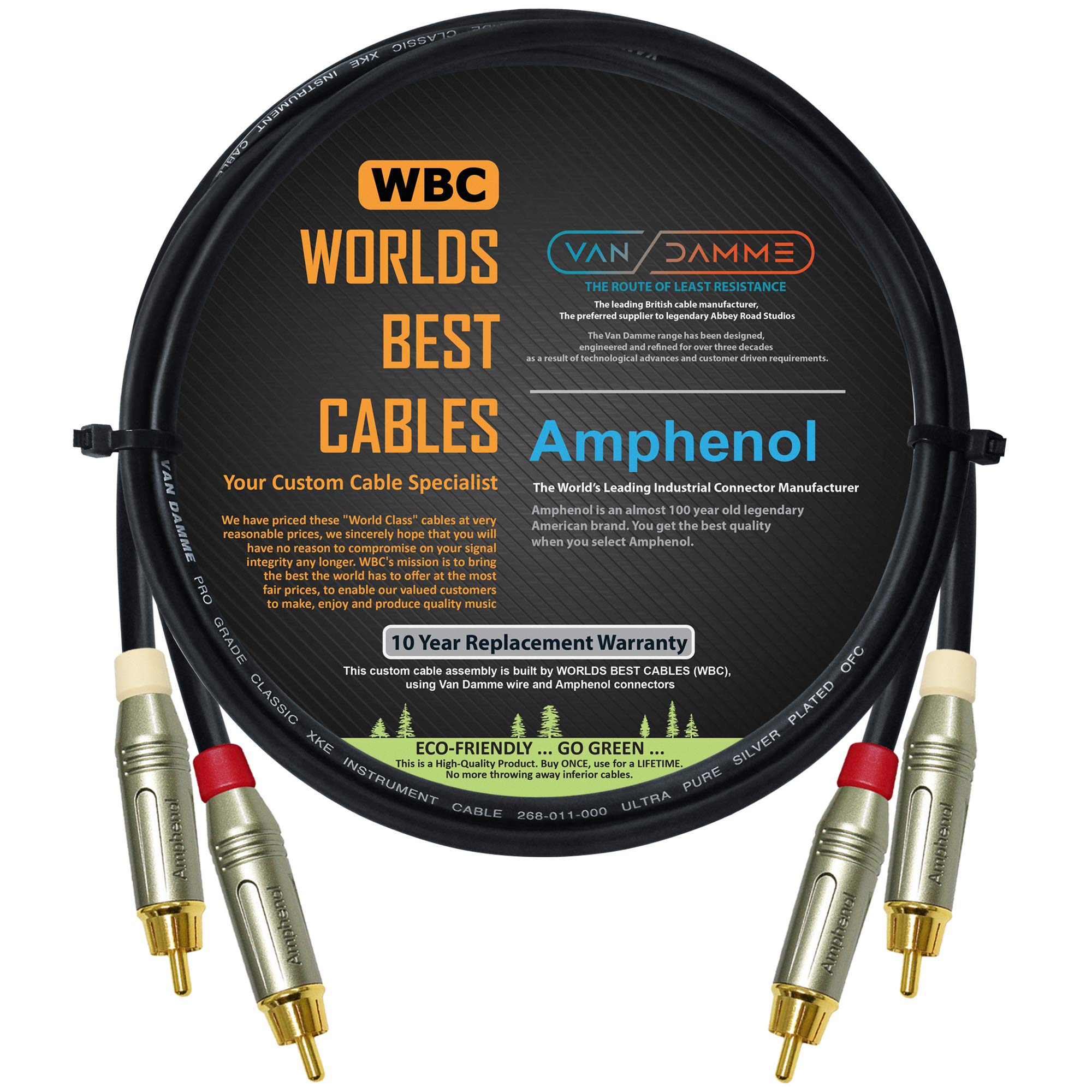 WORLDS BEST CABLES 3 Foot - RCA Cable Pair CUSTOM MADE made using Van Damme Pro Grade Classic XKE Instrument (Jet Black) wire & Amphenol ACPR Die-Cast, Gold Plated RCA Connectors
