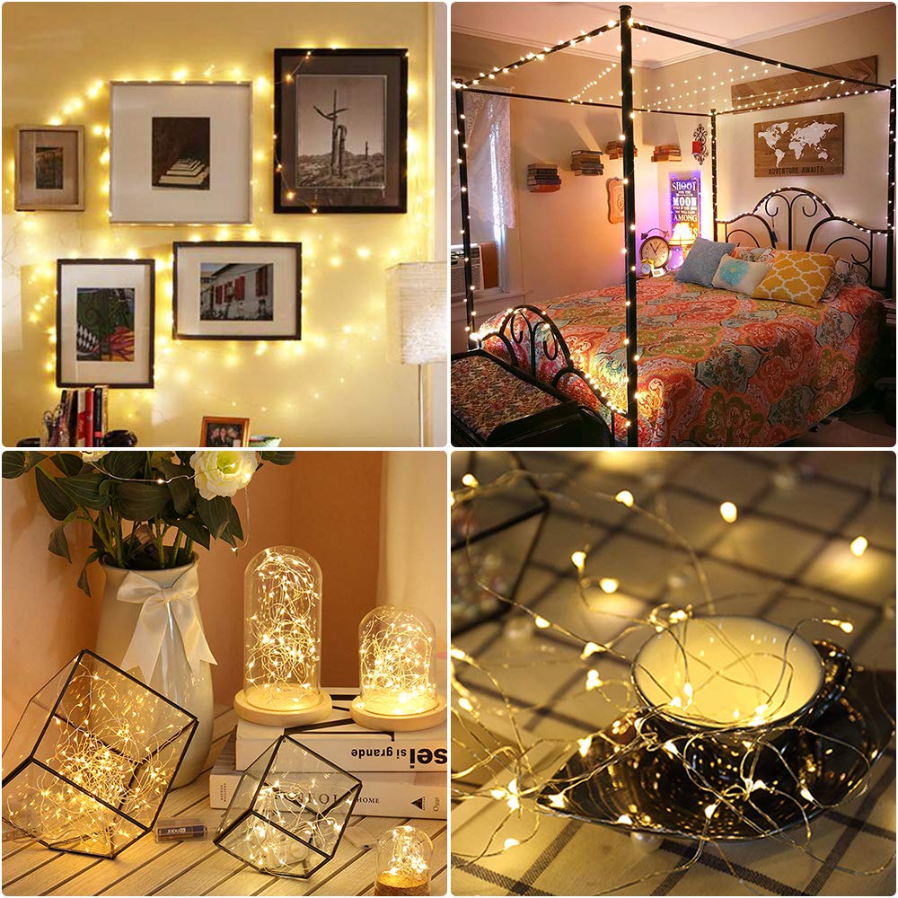 STARKER Outdoor String Lights, 2 Pack 16.4foot 50 LEDs Battery Operated String Lights Waterproof Silver Wire Twinkle Lights Decorative Fairy Lights with Remote and Timer