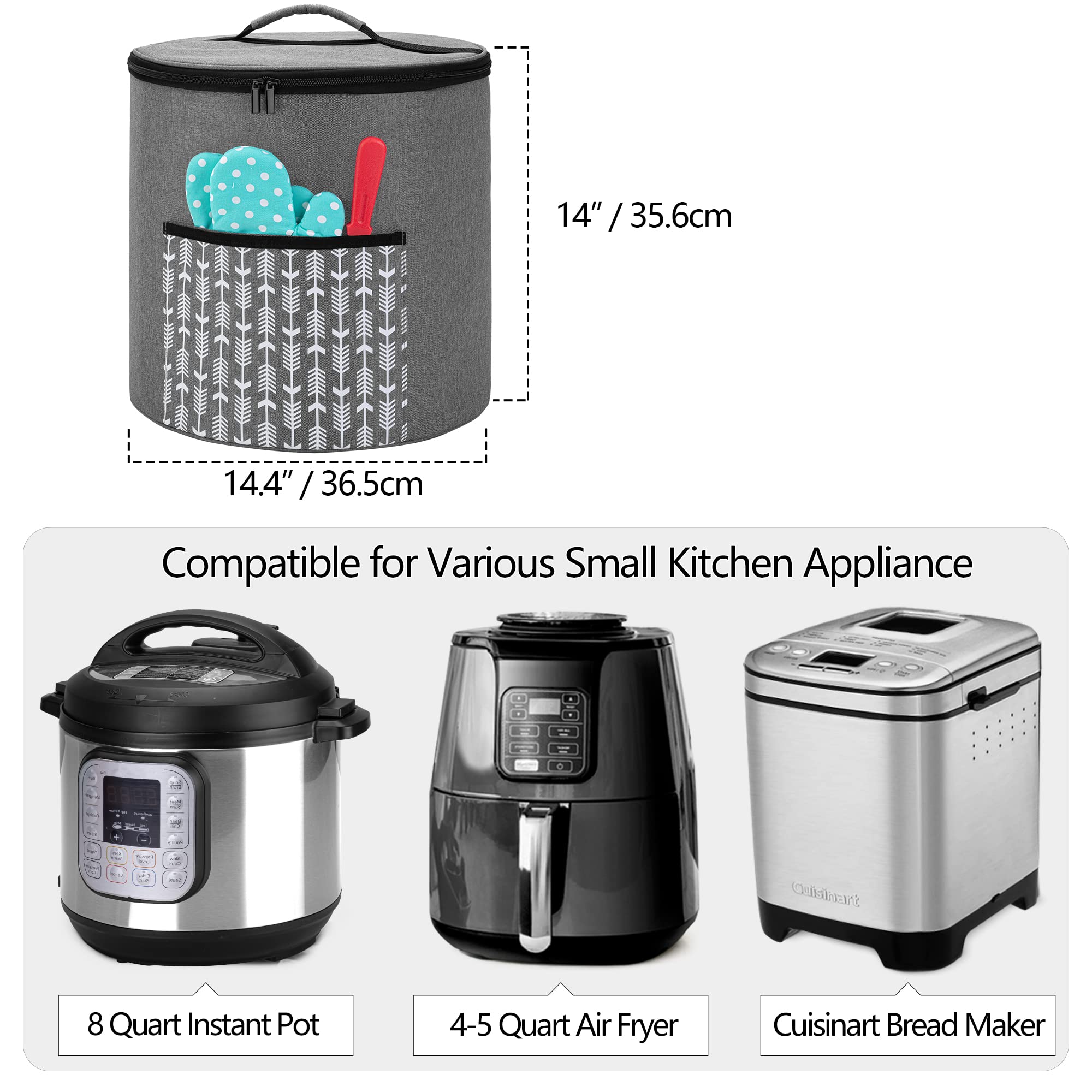 Yarwo Carrying Bag Compatible for 8 Quart Instant Pot, 4-5 Quart Air Fryer, Cuisinart Bread Maker, Fully-Enclosed Kitchen Appliance Dust Cover with Pockets and Top Handle, Gray with Arrow