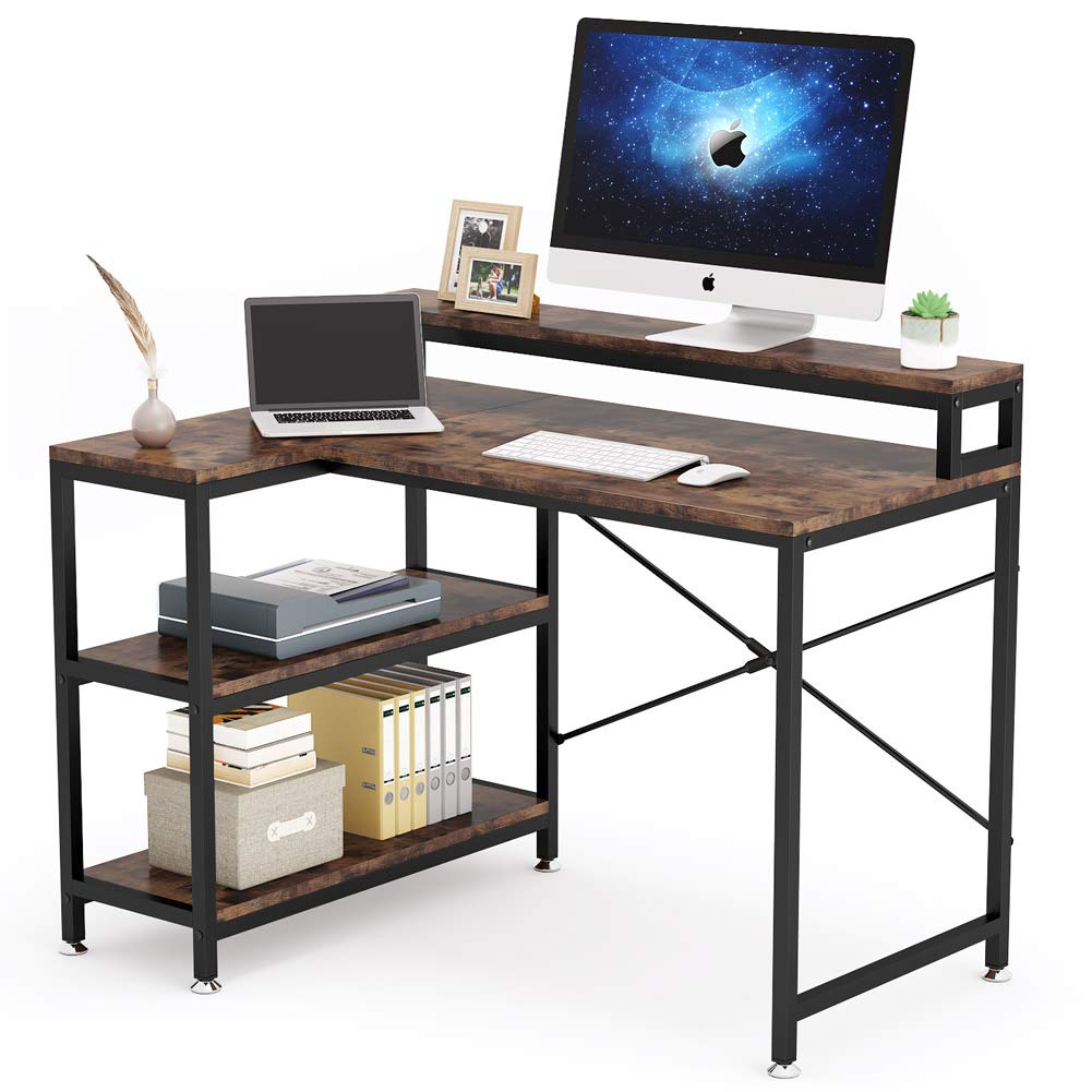 Tribesigns L Shaped Desk with Storage Shelves, Rustic Corner Desk Study Writing Workstation with Monitor Stand Riser for Home Office Small Space (Rustic Brown)