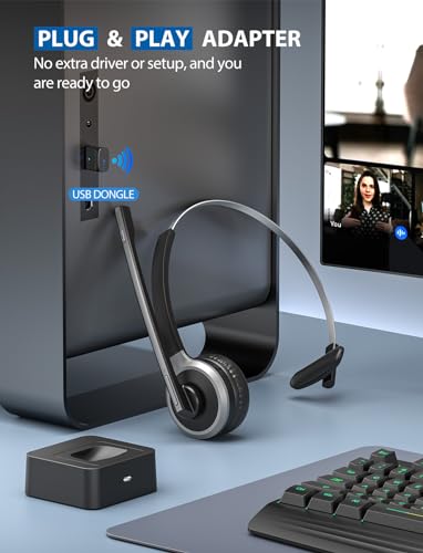 XAPROO Wireless Headset with Microphone for PC, 2023 New Wireless Headset with USB Dongle, Single Ear Headset with Flip-to-Mute, Charging Base, USB Wireless Headset for Home Office Skype Zoom