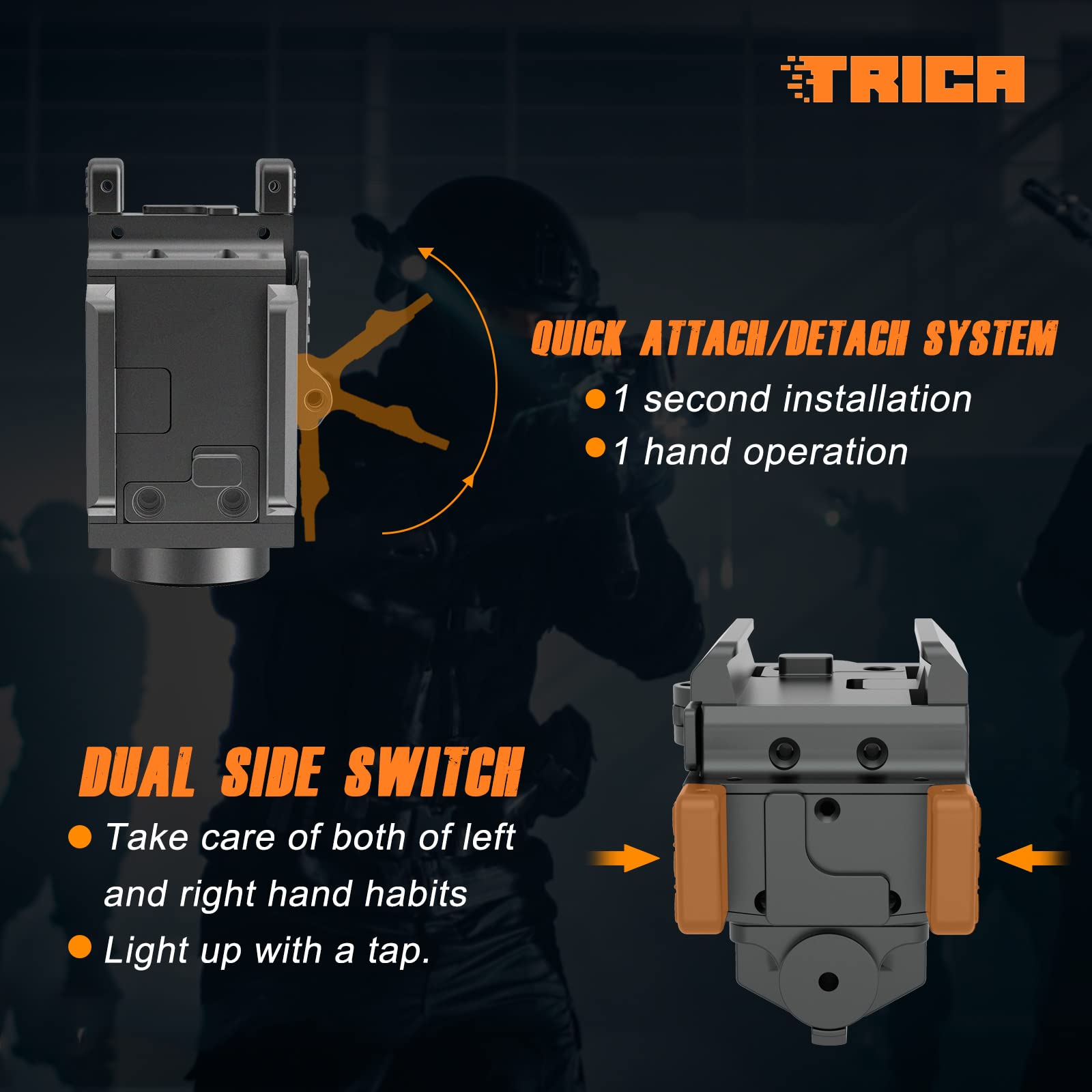 trica 800 Lumens Compact Green/Red Laser Light Combo, Compact Rechargeable Tactical Flashlight with Green Beam Quick Release Strobe Function Laser Light Combo with 1913 or GL Rail, Built-in Batter