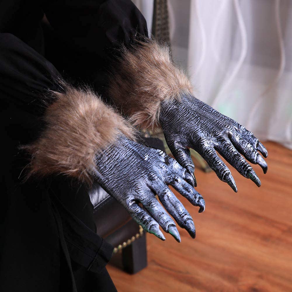 Syjinghao Halloween Werewolf Hands Claws Werewolf G-loves,Latex Wolf G-loves Scary Hairy Hands Werewolf Paw Party Costumes Props (Large)