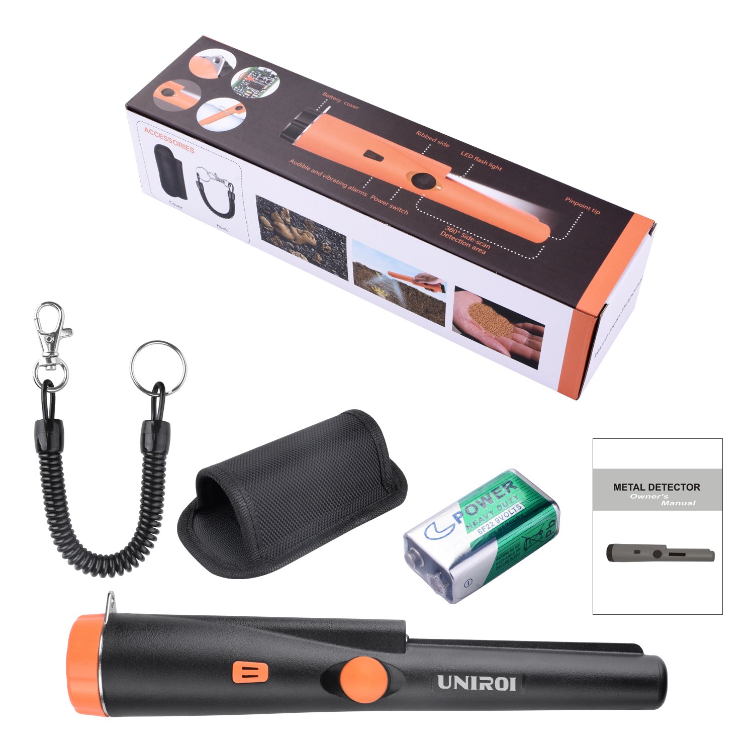 UNIROI Pinpointing Metal Detector, Waterproof Metal Detector Pinpointer IP65, LED Indicators & Vibration,for Adults and Kids, 9V Battery