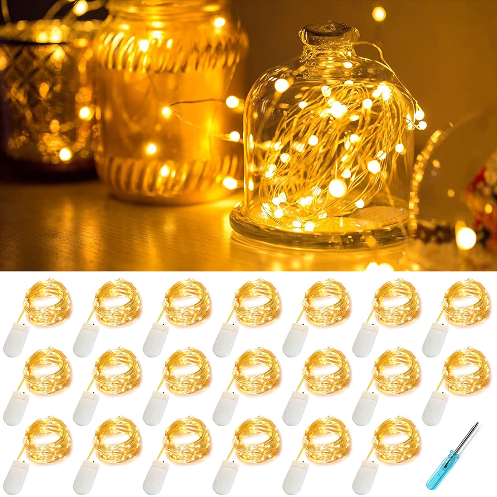 YOEEN 12 Pack Fairy Lights Battery Operated 5ft 20 LED Mini String Lights Waterproof Copper Wire Firefly Starry Lights Twinkle Lights for Wedding Party Mason Jars Christmas, Warm White