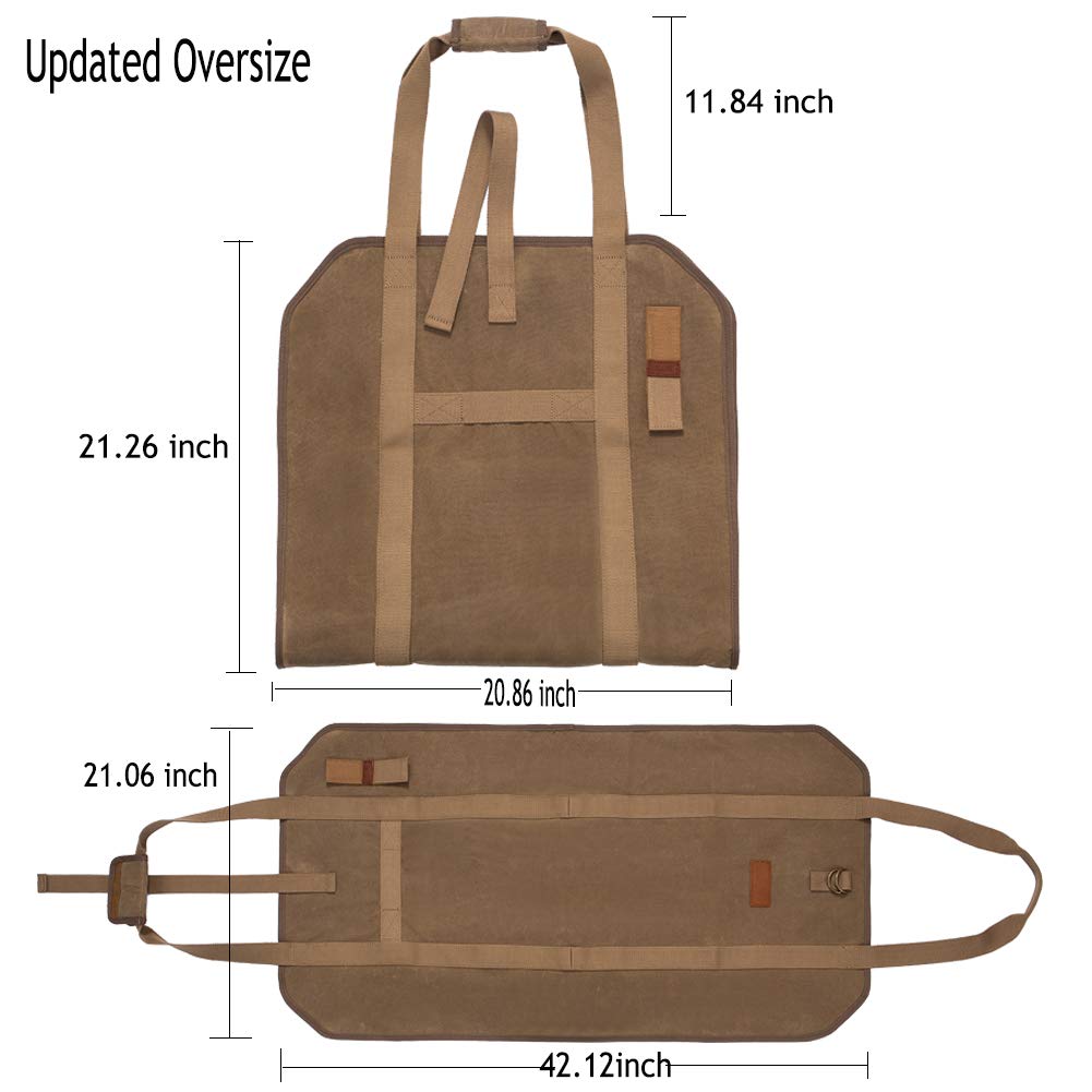 Vcedas Heavy Duty Waxed Canvas Log Carrier Tote Bag, Firewood Holder, Fireplace Stove Accessories Storage Bag (Khaki)