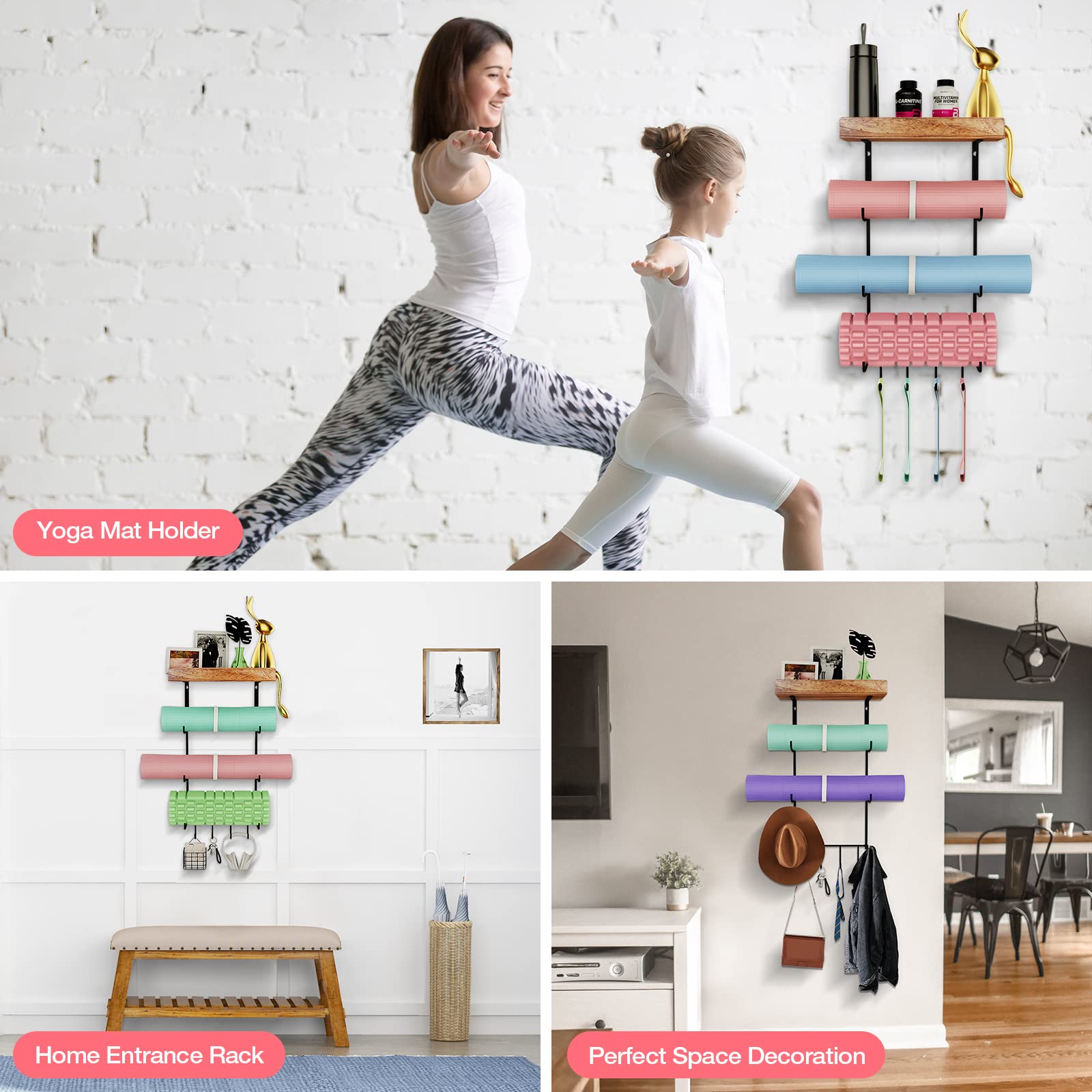 Yoga Mat Holder Wall Mount, Yoga Mat Storage with 4 Hooks, Home Gym Accessories with Wood Floating Shelf Decor Wall Hanger 4-Layer Organizer Rack for Foam Roller Resistant Bands Workout Equipments