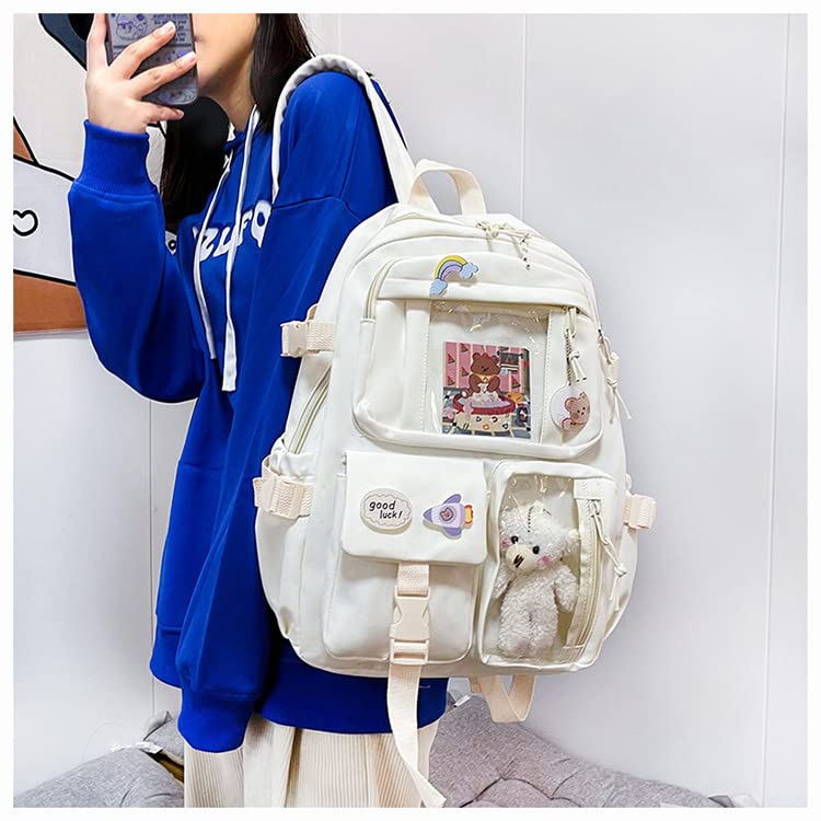 Votachin Kawaii Backpack Large Capacity Aesthetic Backpack Cute Casual Backpack with Decorative Pendant Kawaii Laptop Bag-beige