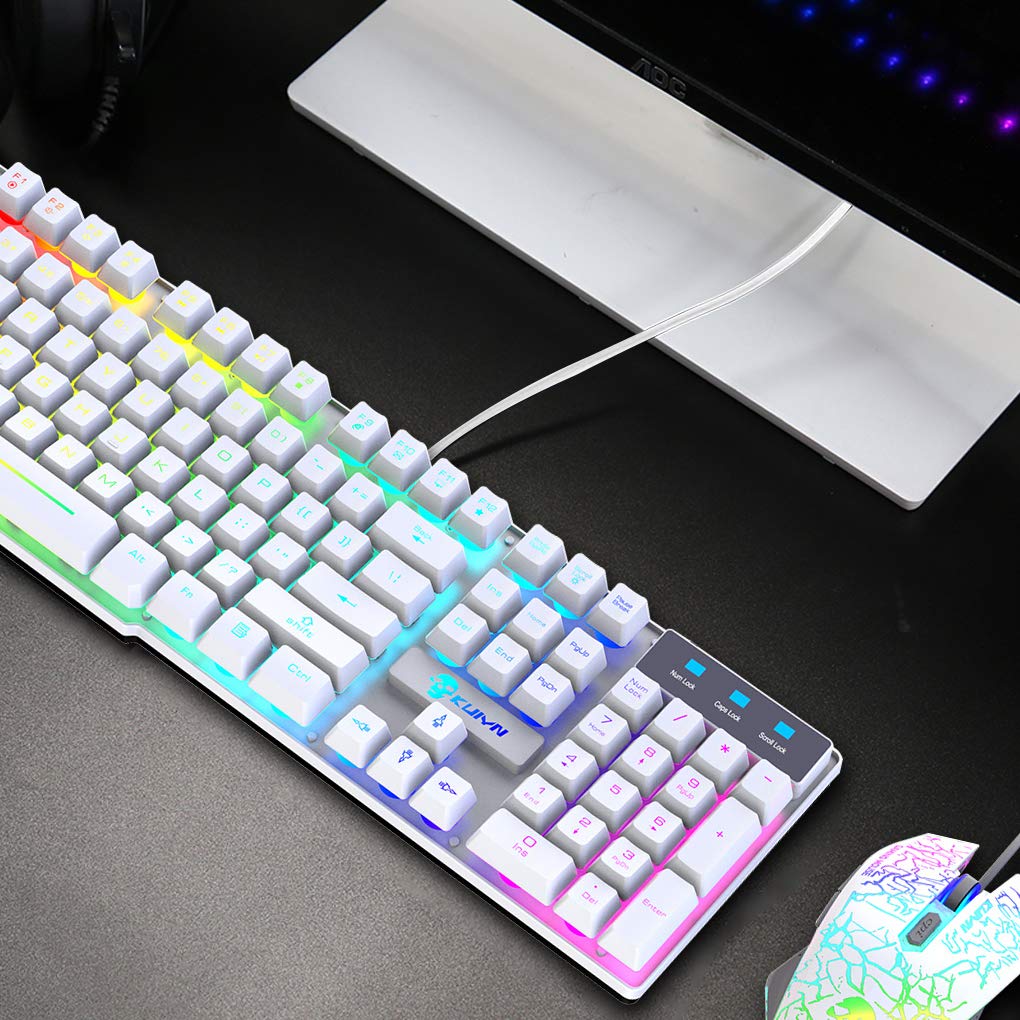 XINMENG 4-in-1 Gaming Keybaord Mouse Headset Combo,RGB Rainbow LED Backlight Gamer Keyboard and Crack Game Mouse Illuminate 3.5mm Stereo Camouflage Headphone for Laptop Computer PC Games