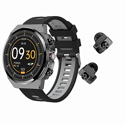 Tuanzi JM08 2 in 1 Smart Watch with Earbuds 1.28" Smartwatch TWS HiFi Stereo Wireless Headset Combo Bluetooth Phone Call for Android iOS (Black Silicone)