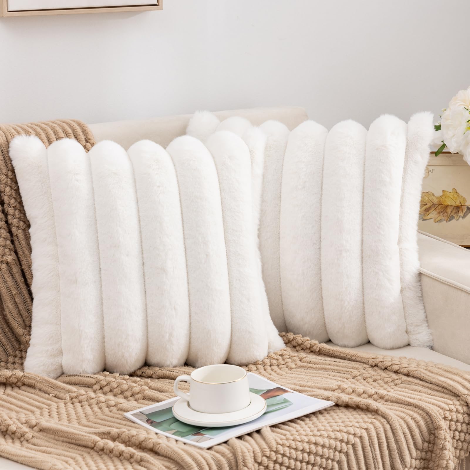 SONAICHTE Faux Fur Pillow Cover Decorative Throw Pillow 18x18 Set of 2 White pillow covers Decor Throw Pillows for Couch Sofa Bedroom