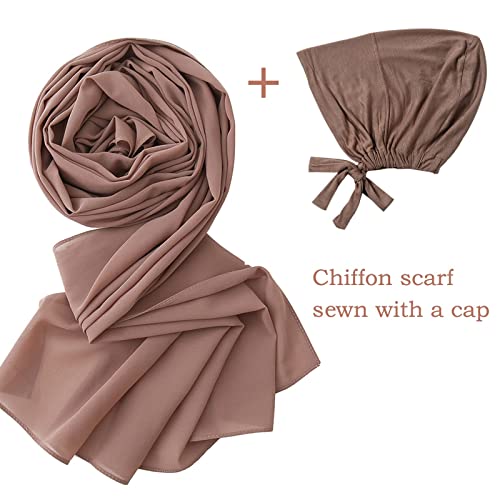 Yeieeo Instant Chiffon Hijab with Undercap Fashion Solid Color Chiffon Head Wraps Under Scarf Caps Muslim Fashion Bandage (Khaki)
