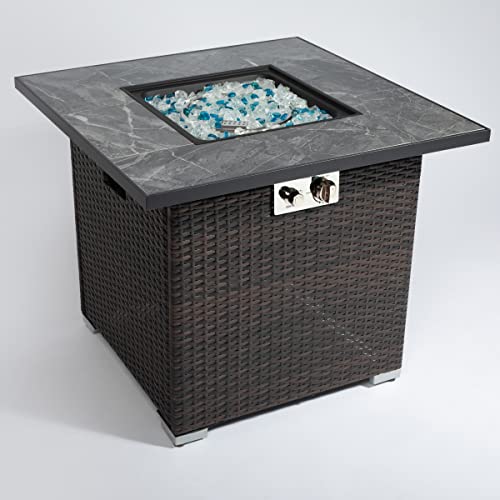 WOXYX 30inch Outdoor Fire Pit Table,40000BTU Rattan Gas Firepit Tables with Glass Rocks and Rain Cover