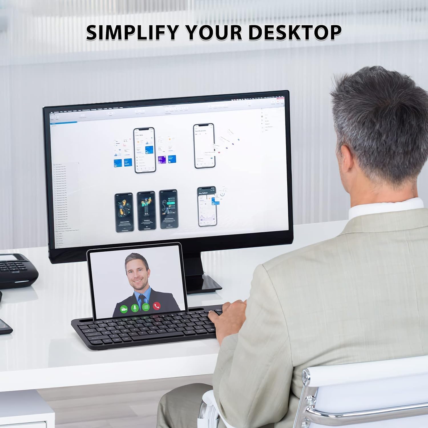 Wireless Keyboard and Mouse Combo, WisFox 2.4GHz Ergonomic USB Keyboard with Phone Holder, Full Size Keyboard and Mouse Set for Computer, Laptop and Desktop(Black)