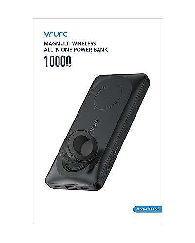 VRURC Wireless Portable Charger, 10000mAh Magnetic Power Bank, 3 in 1 Charger, 22.5W Fast Charing Battery Pack, 3 inputs 4 outputs Compatible with iPhone 15/14/13, iWatch 8/7/6, AirPods Pro/2 - Black