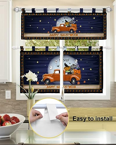 Tab Top Curtain Valance and Tiers Set,Halloween Truck Pumpkin Ghost Face Plaid Black Light Filtering Kitchen Curtains Valances,Crow Skull Bat Maple Leaf Cafe Window Treatment Drapes for Bedroom