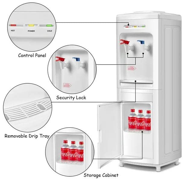 Water Cooler Dispenser for 3-5 Gallon Bottle, Top Loading Hot and Cold Water Dispenser with Storage Cabinet, Child Lock, Water Cooler with Compression Refrigeration Technology, White