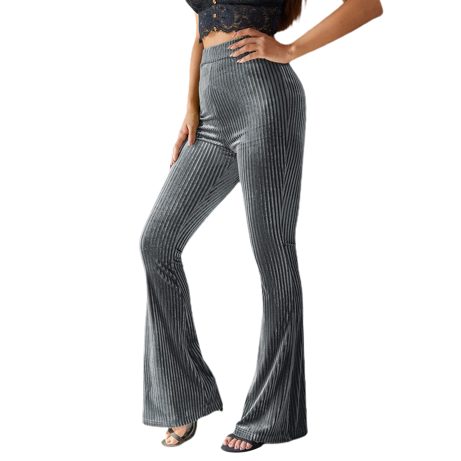 YILYFD Velvet Flare Pants for Women Gothic Elastic High Waisted Courdoroy Disco Bell Bottom Pants Bootcut Yoga Palazzo Long Trousers (Dark Grey, M)