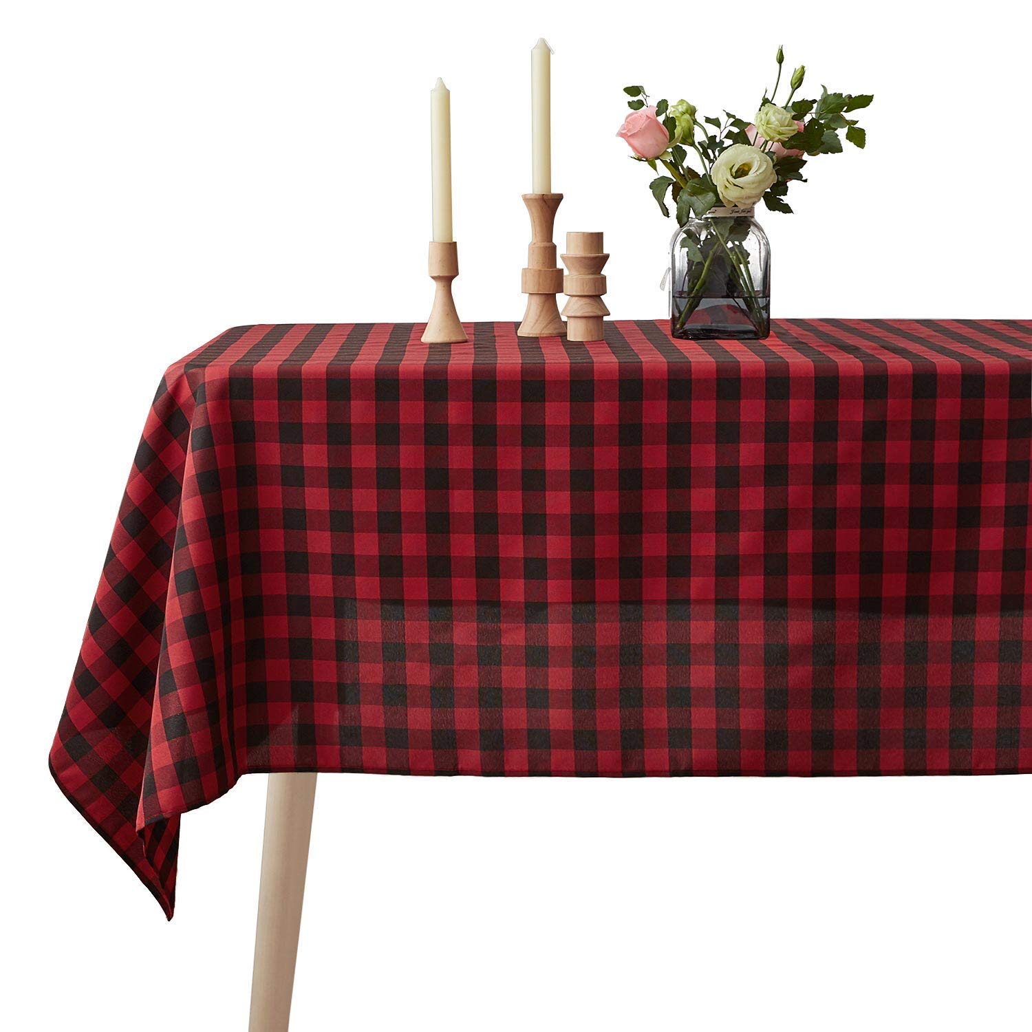 VEEYOO Waterproof Checkered Tablecloth - 70 inch Round Tablecloth, Polyester Stain Resistant and Spillproof Table Cloth for Wedding Picnic,Party, Dinner (White & Red Tablecloth)
