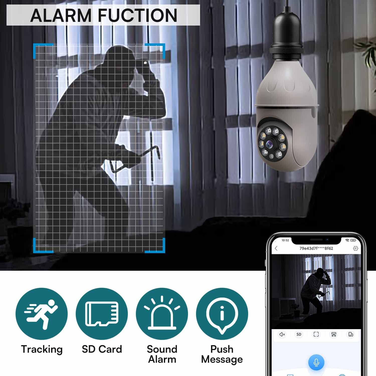 XVIM 3MP Wireless WiFi Light Bulb Camera, Light Bulb Security Camera, 2.4GHz 360° Pan/Tilt, E26/E27 Socket Security Camera Full Color Night Vision, Indoor/Outdoor, Motion Detection