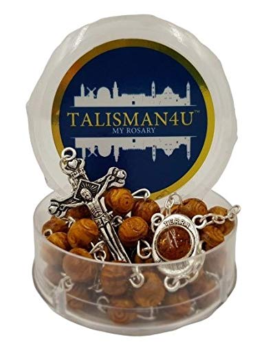 TALISMAN4U CATHOLIC ROSARY NECKLACE Olive Wood Carved Beads With Jerusalem Soil & Cross Crucifix in Gift Box