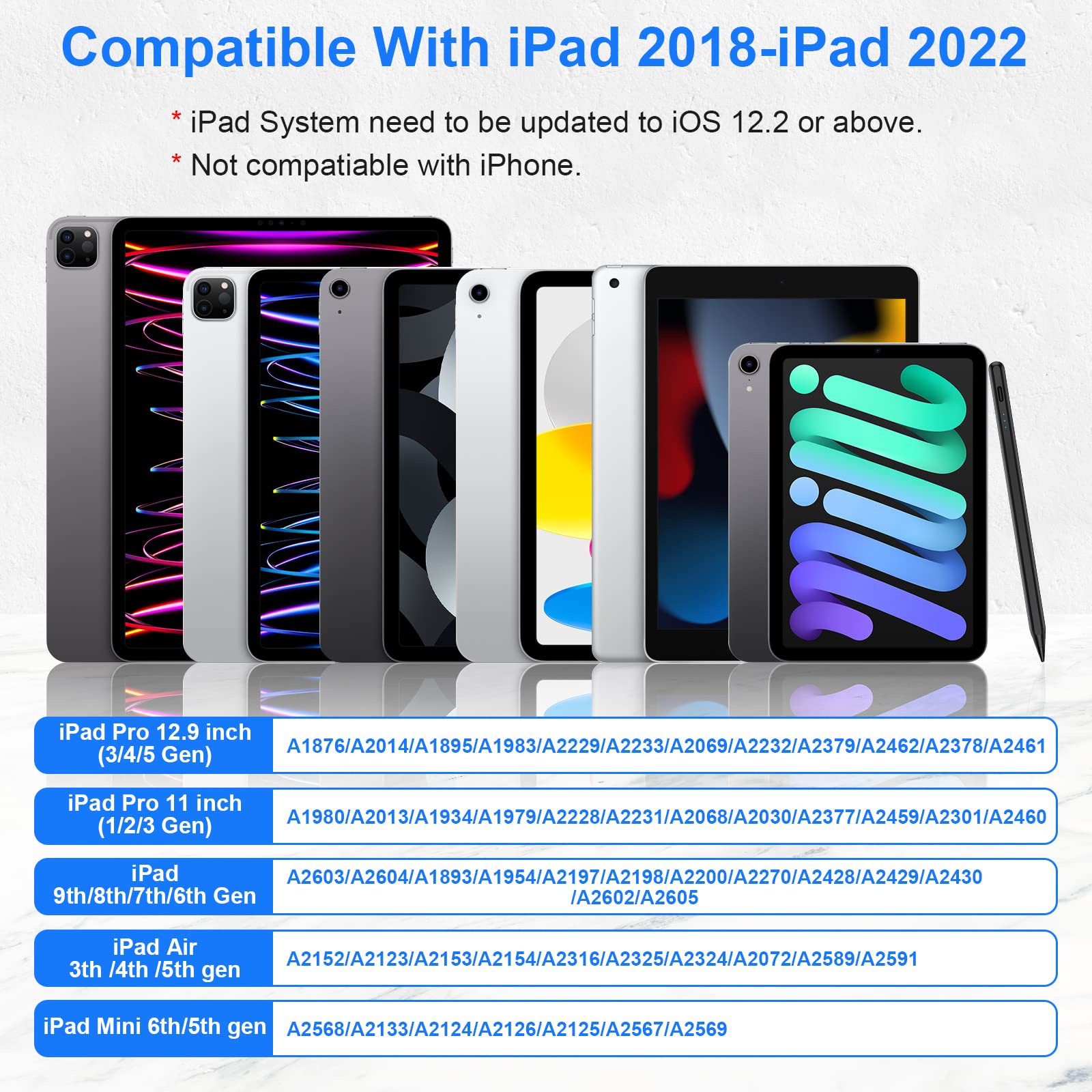 Stylus Pen, Apple Pencil for iPad 9th /10th Gen,Fast Charge Compatible with (2018-2023) Apple iPad Pro 11 & 12.9 inch,iPad Mini 6th/5th Gen, iPad Air 3/4/5,iPad 6/7/8 Gen