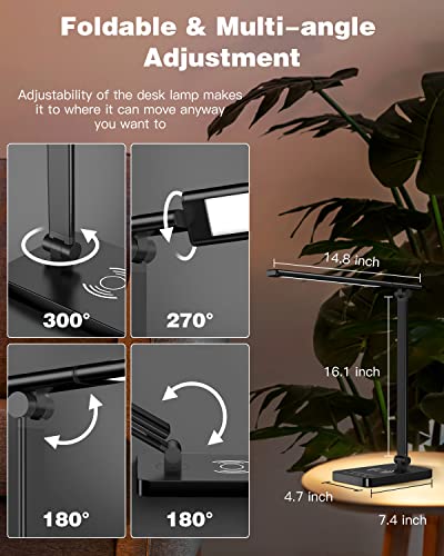 VICOODA LED Desk Lamp, Desk Lamp with Wireless Charger, USB Charging Port, Eye-Caring Table Lamp, 5 Color Modes & 7-Level Brightness, Touch Desk Light with Timer, Desk Lamps for Home Offic (Black)