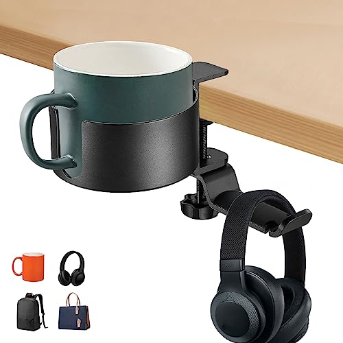 Venti Desk Mug Holder, MEEKAKEE 2 in 1 Desk Cup Holder with Headphone Hanger, Anti-Spill Desk Storage Cup, Easy to Install, Sturdy, Durable, Enough to Hold Big Coffee Mugs (Black)