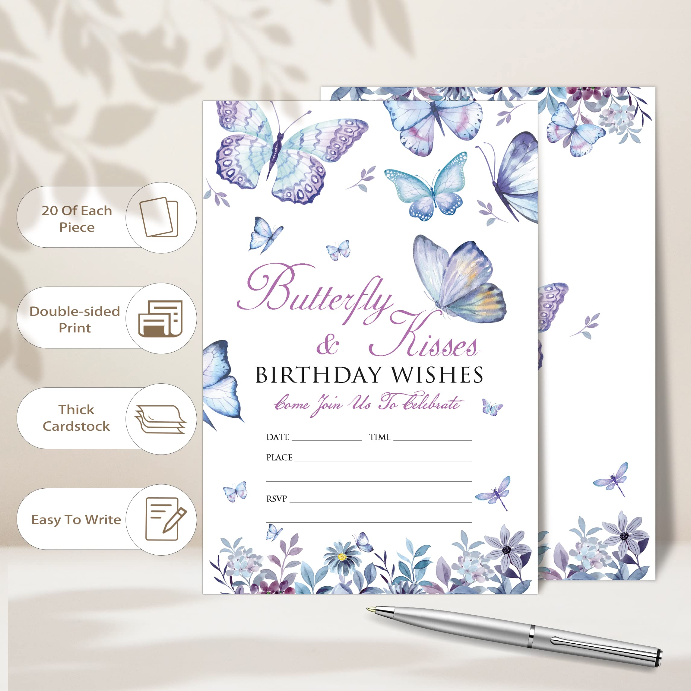 Watercolor Butterfly Birthday Invitations, Pack of 20 Fill-in Invitation Cards & 20 Envelopes, 4''X6'' - JY289