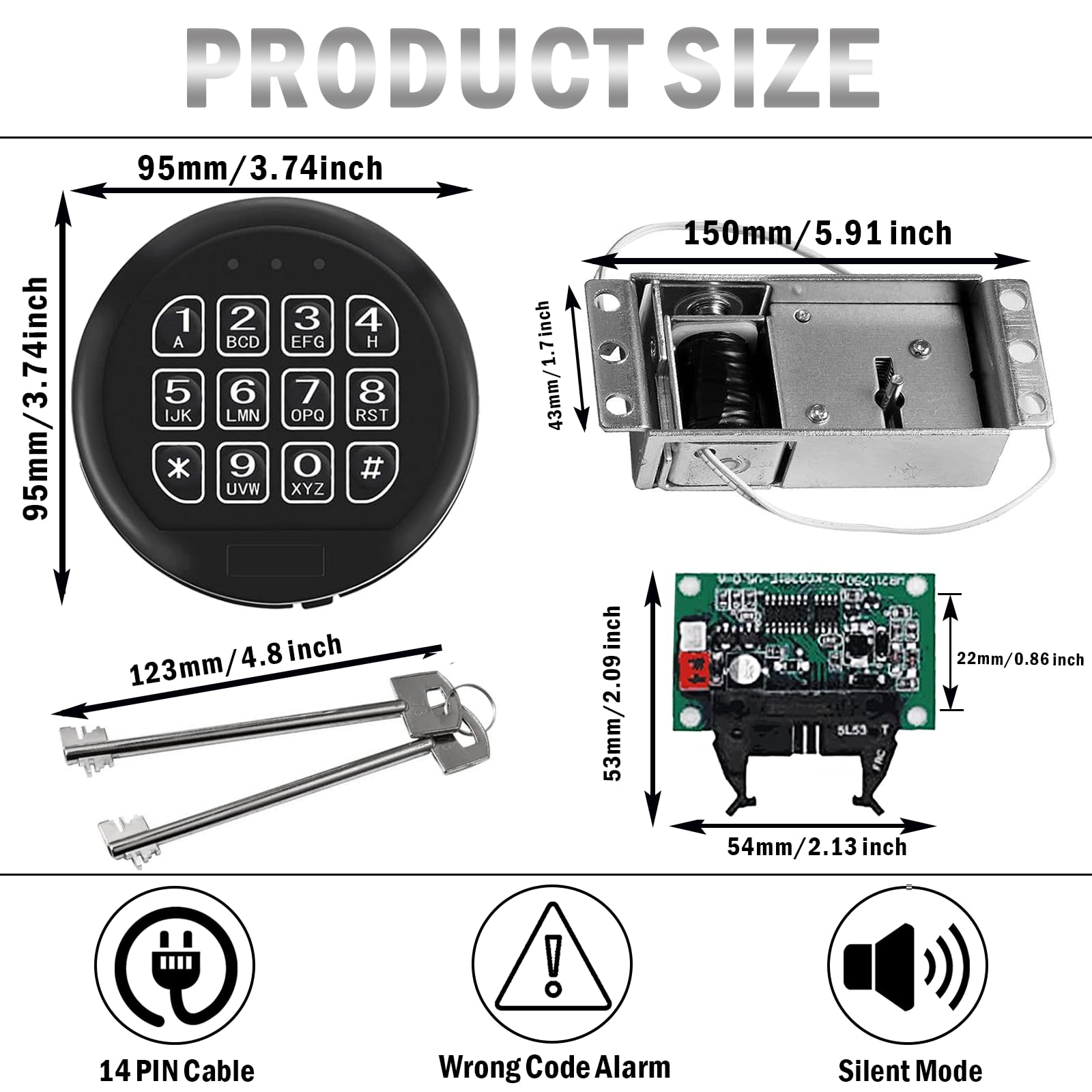 WAH LIN PARTS Gun Safe Lock Replacement with 2 Override Keys & Solenoid Black Keypad Safe Electronic Safe Lock for Fireproof Safe Box