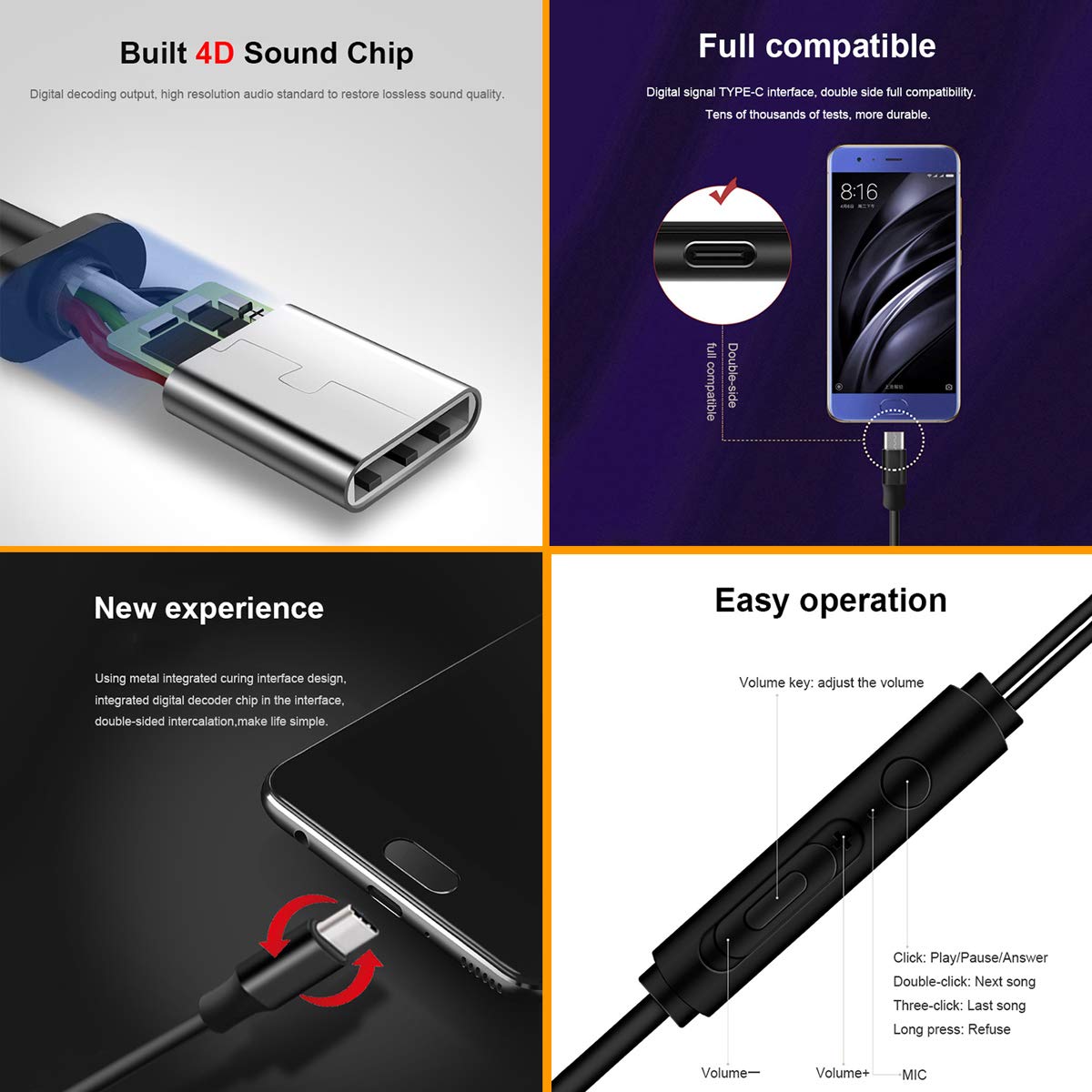 USB C Headphones, USB Type C Earphone Stereo in-Ear Earbuds Hi-Fi Digital,with Gift Bag,Microphone Bass Earbud with Mic and Volume Control Compatible with Google Pixel 2/XL, Xiaomi, Huawei and More