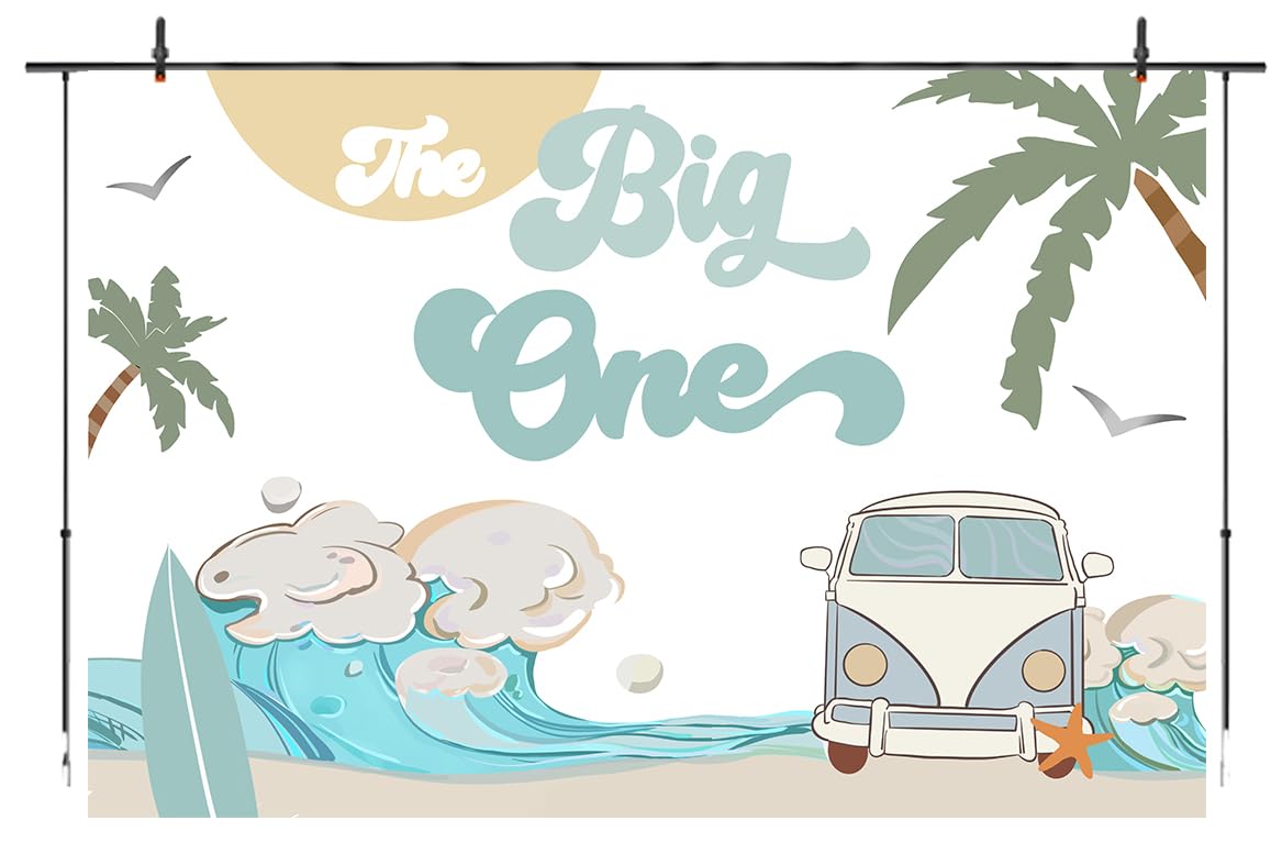 The Big One Surfing 1st Birthday Backdrop for Boys Retro Surf Van Surfboard Beach Party photography Background Boy One Birthday Party Decorations Cake Table Banner 5x3ft